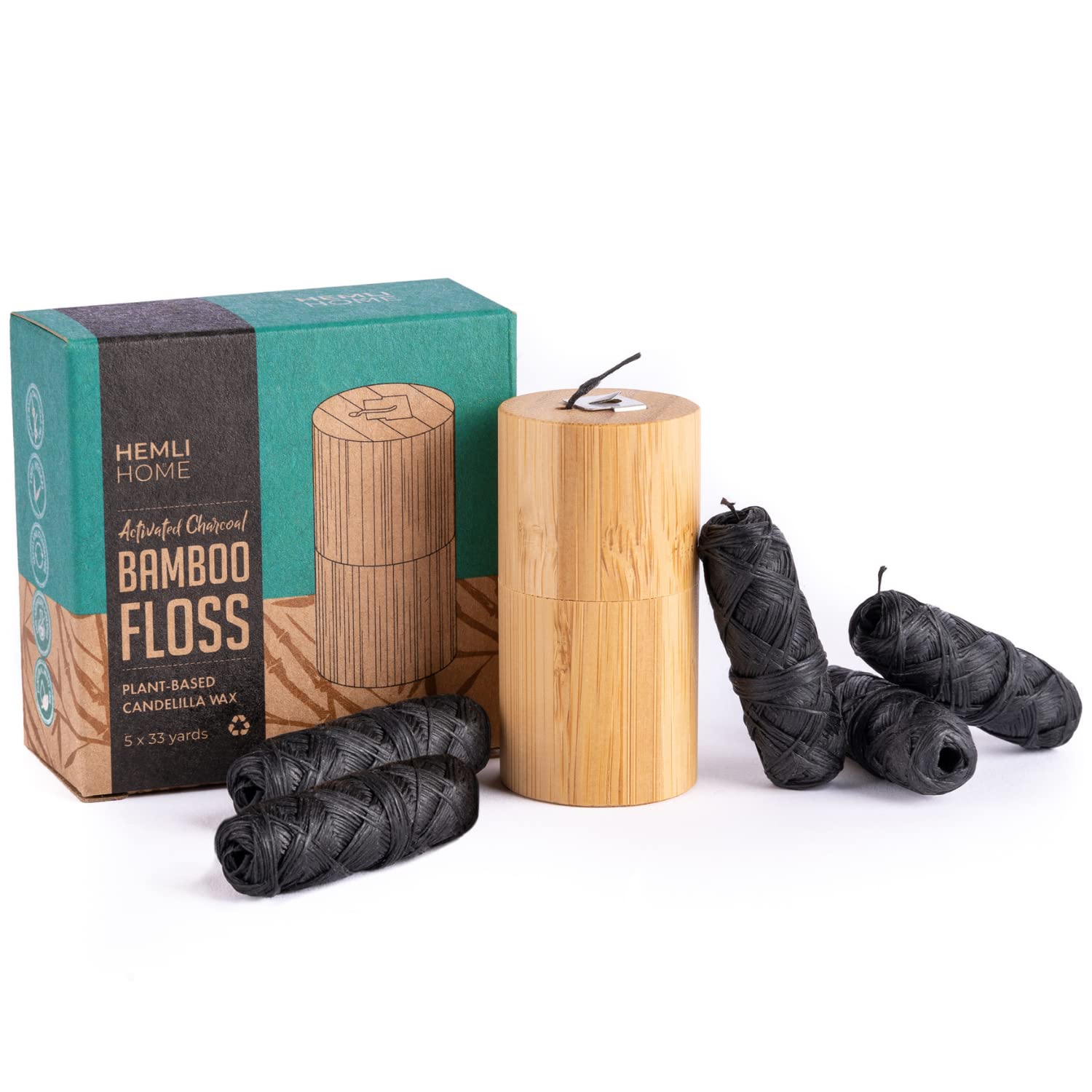 Vegan Bamboo Charcoal Dental Floss - 5-Pack - Refillable Bamboo Container - 5 x 33 Yards - Eco-Friendly Floss - Candelilla Wax Floss with Natural Mint Flavoring