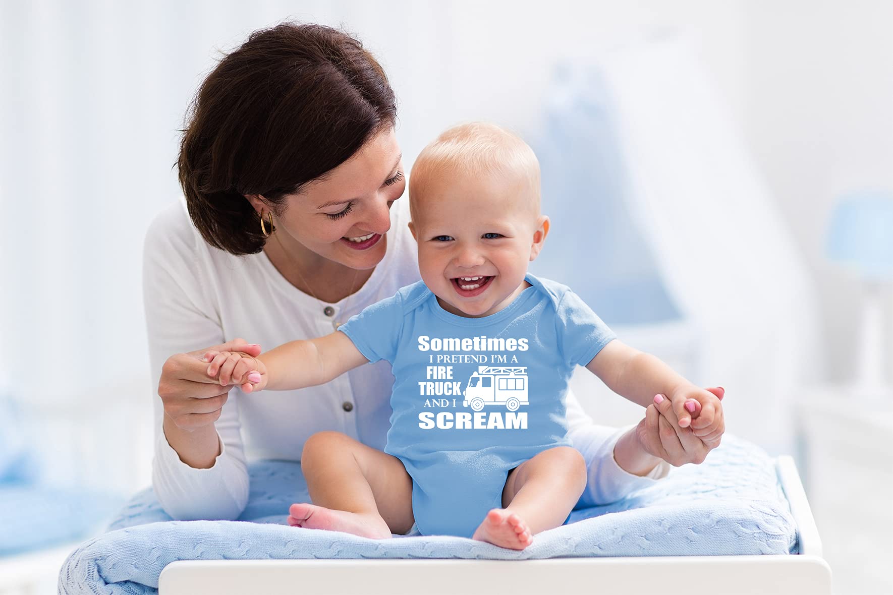 AW Fashions Sometimes I Pretend I'm A Fire Truck And I Scream Baby Bodysuit Funny Adorable Infant Romper (6 Months, Light Blue)