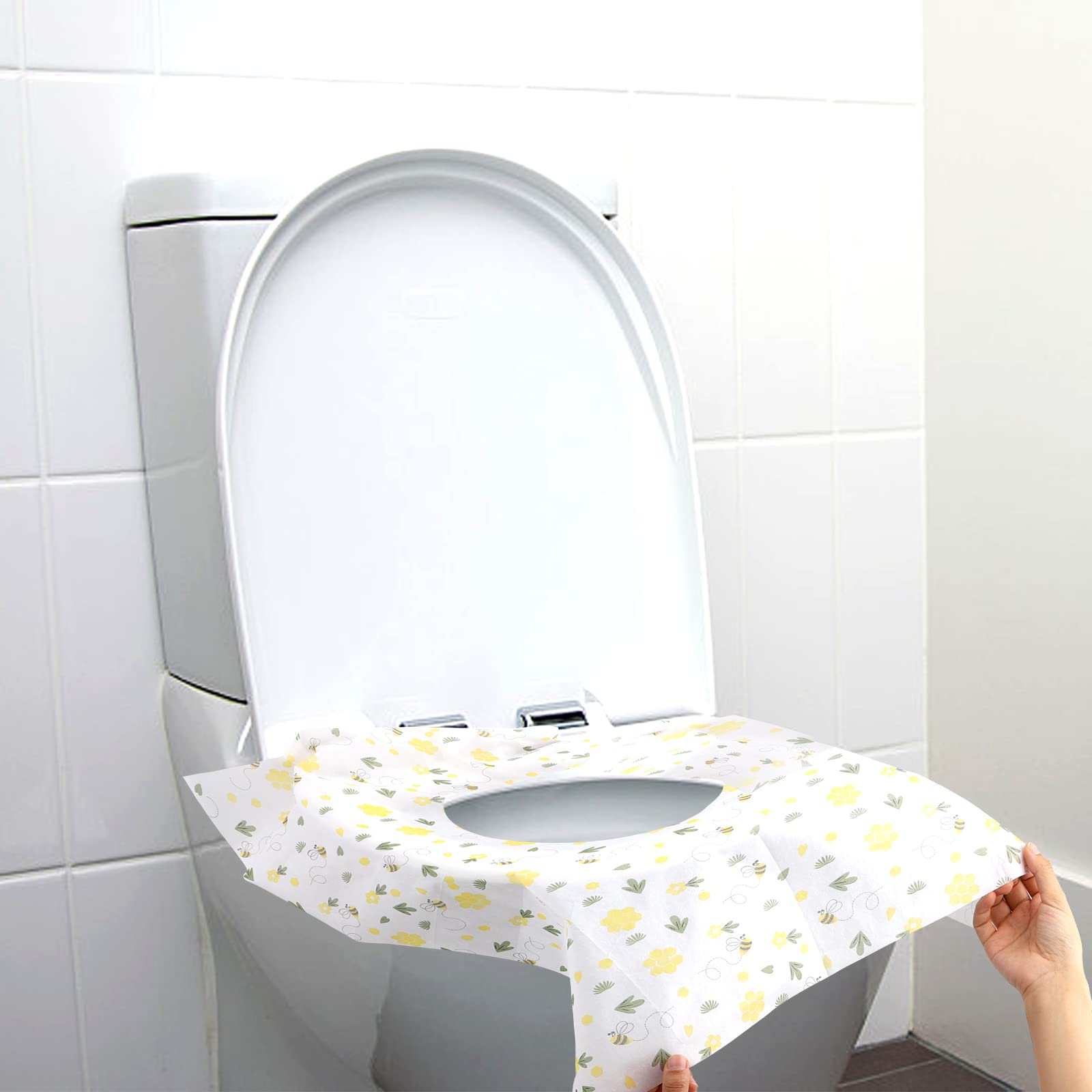 Tebery 30 Pack Extra Large Disposable Toilet Seat Covers, Lovely Bee Printed Potty Seat Covers for Toddlers, Kids, and Adults - Waterproof, Portable, Individually Wrapped for Travel