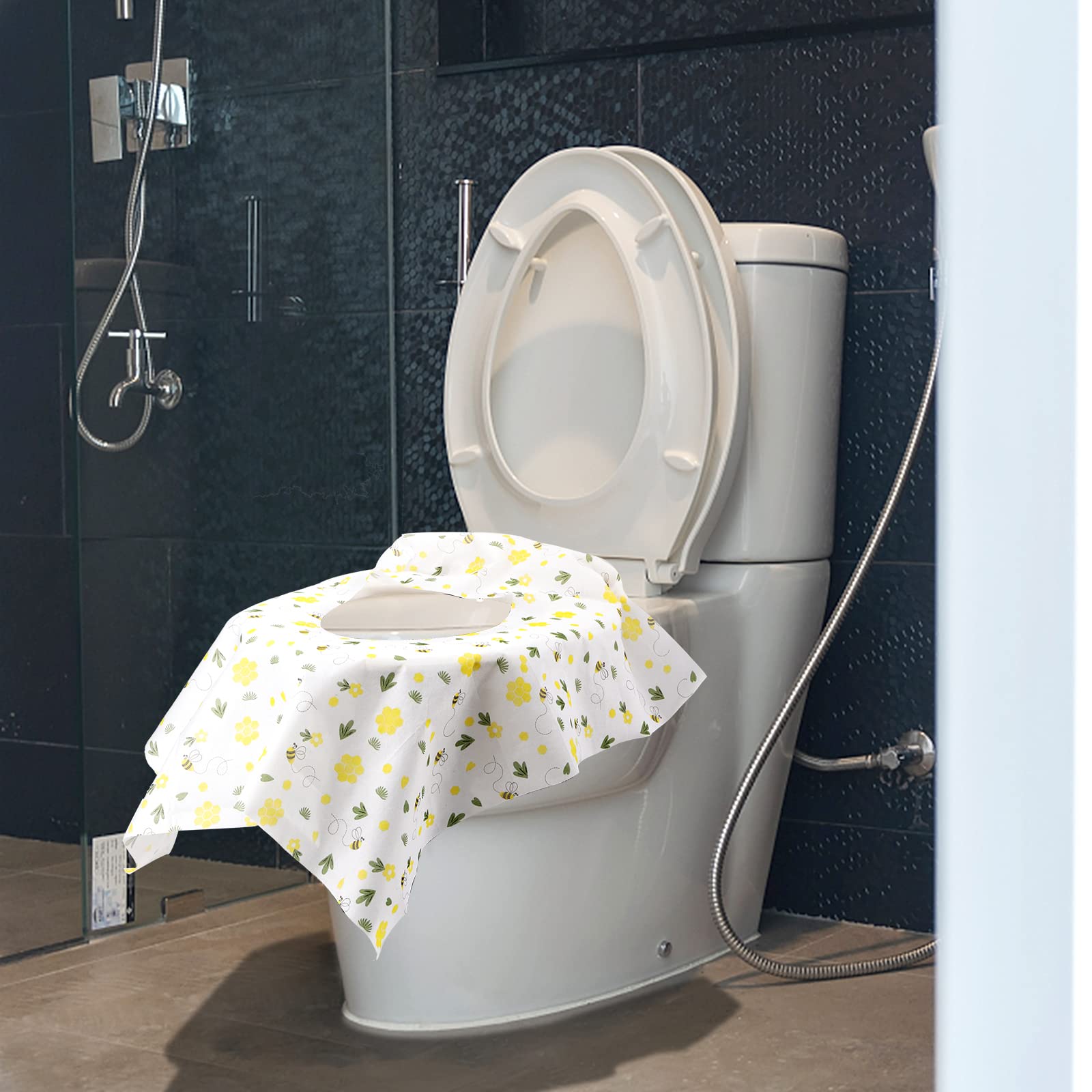 Tebery 30 Pack Extra Large Disposable Toilet Seat Covers, Lovely Bee Printed Potty Seat Covers for Toddlers, Kids, and Adults - Waterproof, Portable, Individually Wrapped for Travel