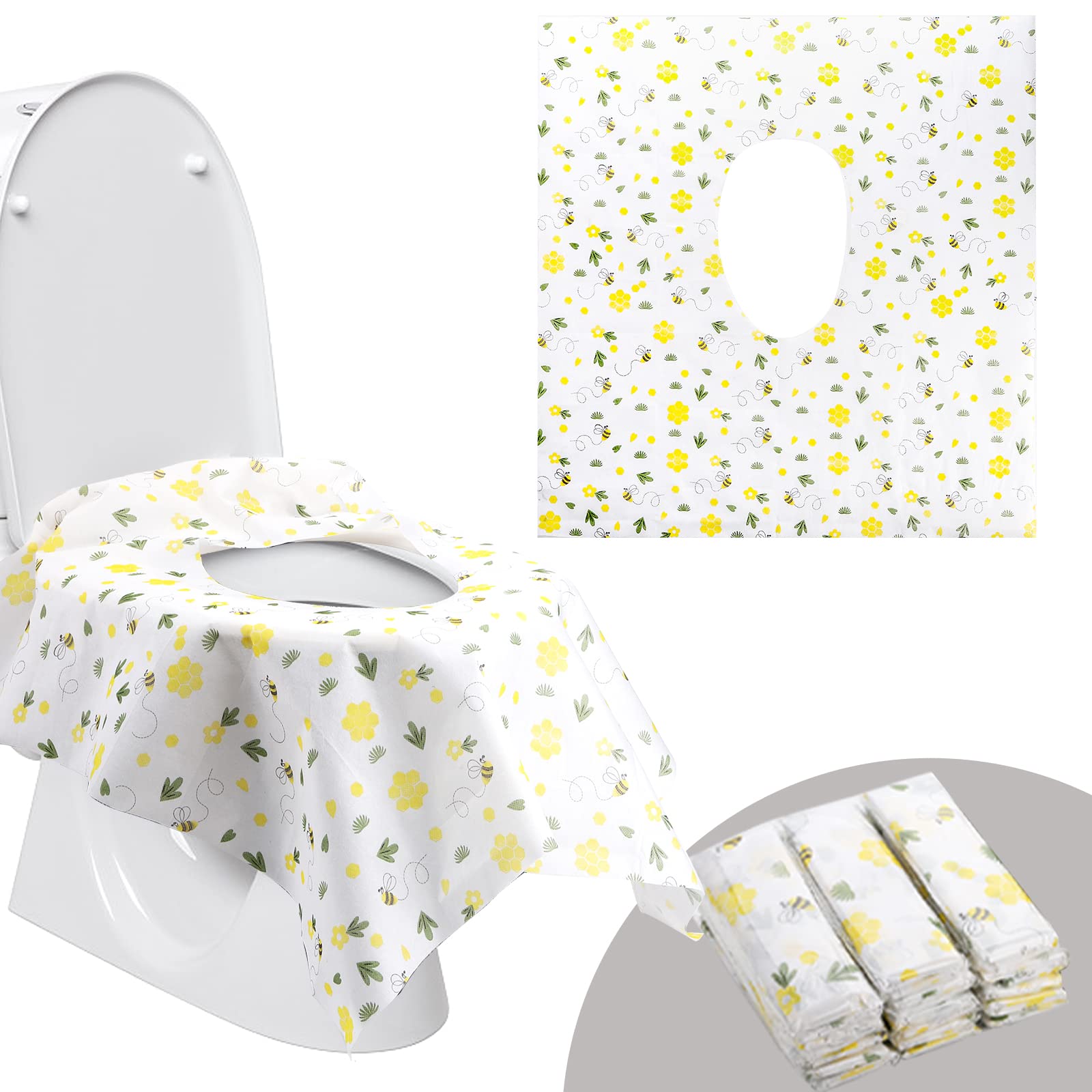 Tebery 30 Pack Extra Large Disposable Toilet Seat Covers, Lovely Bee Printed Potty Seat Covers for Toddlers, Kids, and Adults - Waterproof, Portable, Individually Wrapped for Travel