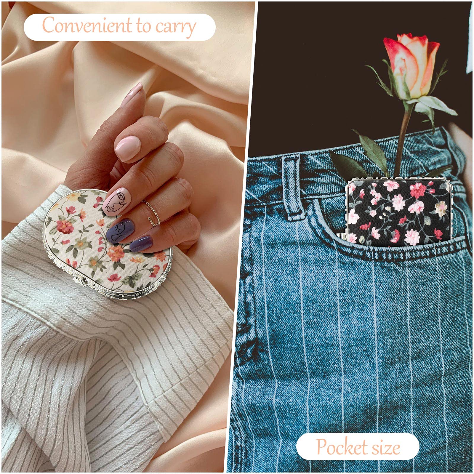 Blulu 8 Pieces Compact Mirror for Purse Flower Small Compact Mirror Gift Makeup Floral Pocket Retro Folding Portable Travel Accessories for Women Girls