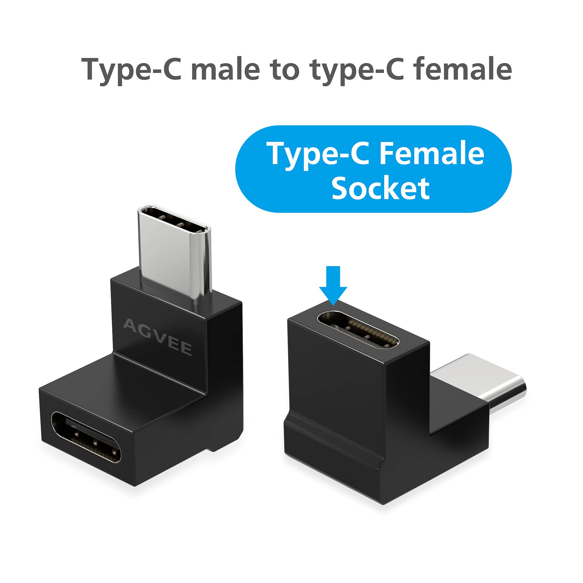 AGVEE 4 Pack Front Angle 90 Degree USB-C Male to USB-C Right Angled Female Adapter (Type-C 3.2 Gen 2) Converter Video Type-C 10G Data Extension Coupler Converter Connector, Black