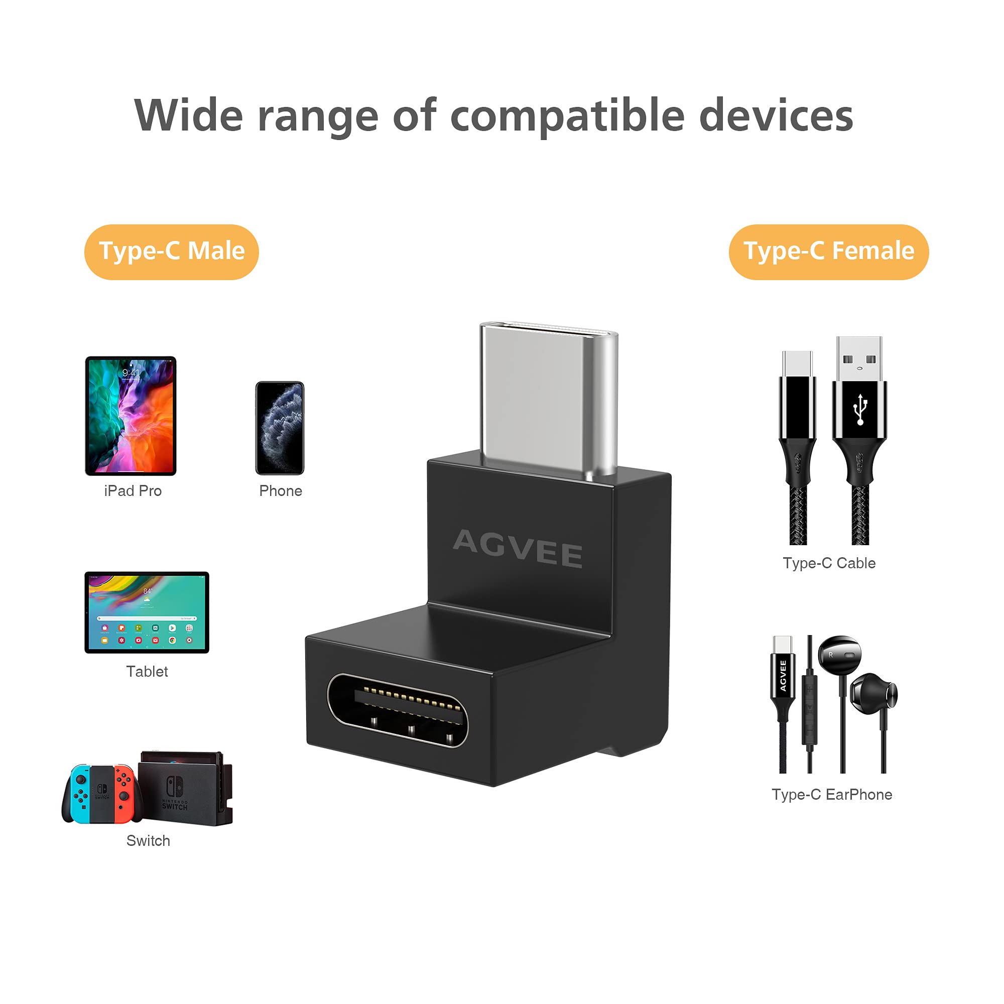 AGVEE 4 Pack Front Angle 90 Degree USB-C Male to USB-C Right Angled Female Adapter (Type-C 3.2 Gen 2) Converter Video Type-C 10G Data Extension Coupler Converter Connector, Black