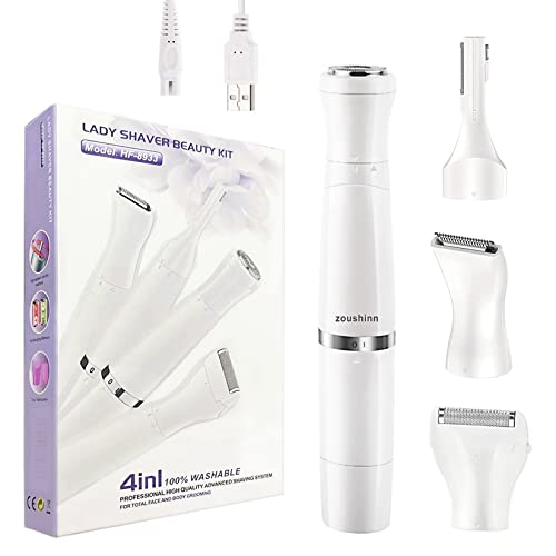 Zoushinn Electric Razor for Women, 4-in-1 USB Cordless Electric Shaver, IPX4 Waterproof Wet & Dry Use Lady Bikini Pubic Hair Trimmer, Painless Eyebrow Trimmer and Facial Hair Removal, Body Razor
