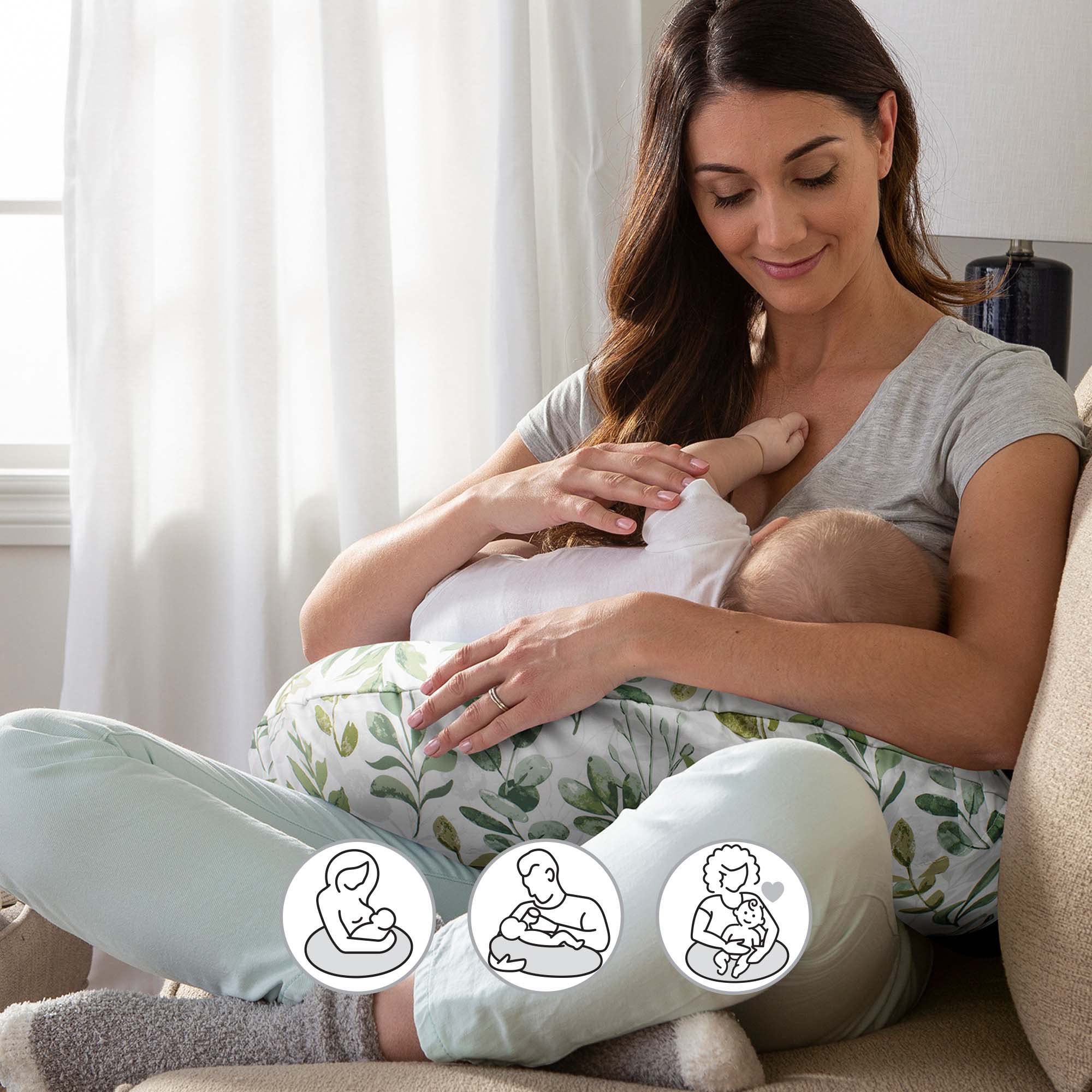 Boppy Original Nursing Pillow, Green Foliage, Ergonomic Nursing Essentials for Bottle and Breastfeeding, Firm Fiber Fill, with Removable Pillow Cover, Machine Washable