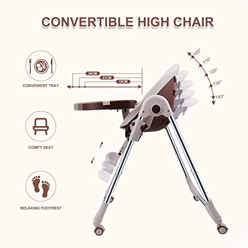 Baby High Chair for Toddlers Kids Feeding Height Convertible with Removable Tray, Multifunctional Portable Children Dining Reclining Chair Foldable with Wheels, Beige