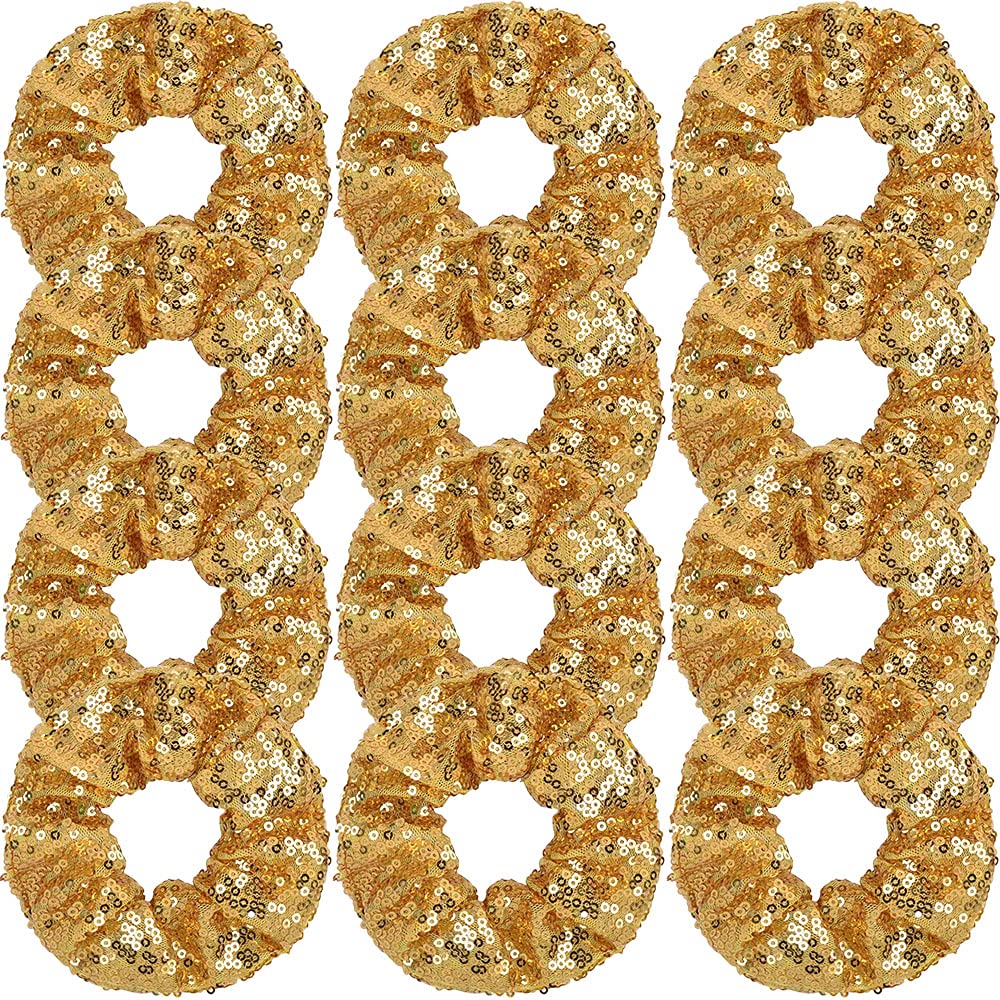 12 Pcs Gold Sequin Scrunchies Bridesmaid Scrunchies Elastics Ponytail Holders Hair Wrist Ties Bands Cloth Scrunchies for Show Gym Dance Party Club Girl Women
