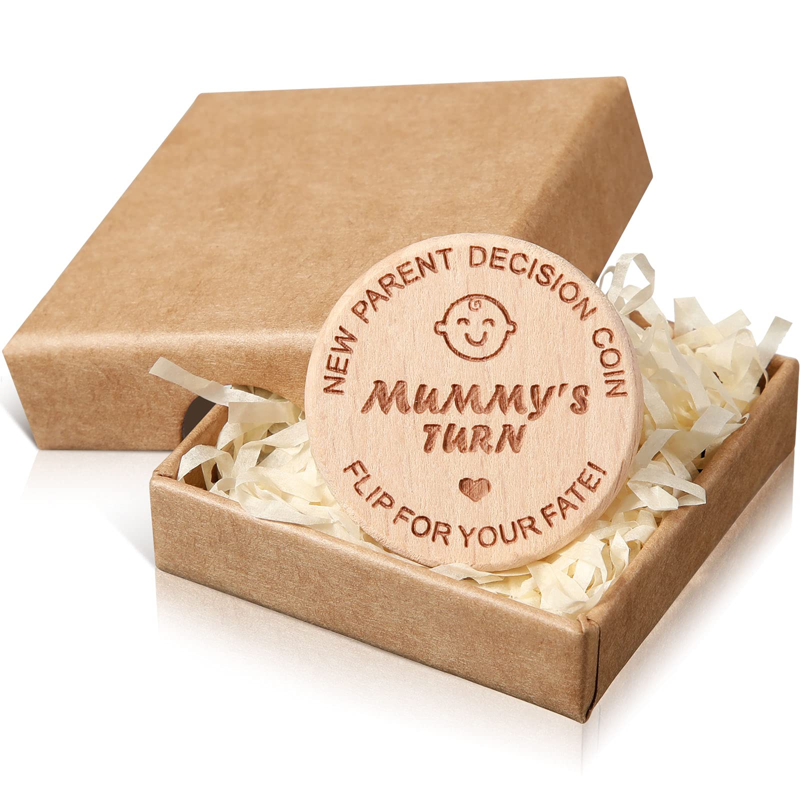 New Parent Gift Funny Decision Coin Double-Sided Decision Flip Coin Wooden Decision Making Coin with Gift Box Mom Dad Baby Shower Gifts Christmas Birthday Present