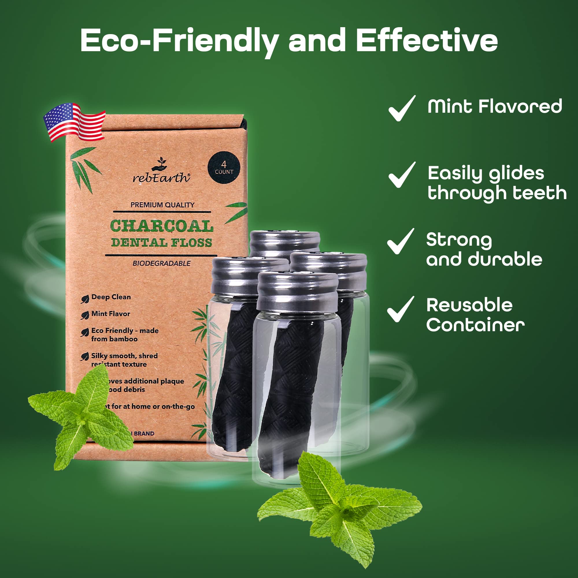 rebEarth Natural Deep Clean Charcoal Floss - Oral Care Dental Floss w/Mint Flavor, 30m Tooth Floss in Glass Container, Bamboo Floss w/Reusable Floss Container, Smooth & Shred Resistant (Pack of 4)