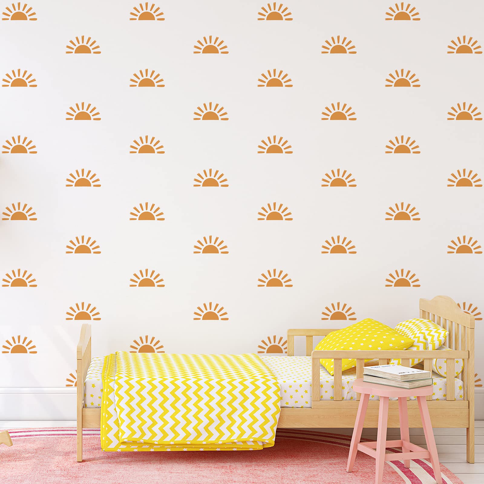 Sunshine Decal 4 Sheets Sun Wall Decal PVC Boho Wall Decals Removable Wall Sun Sticker Graphic Kids Playroom Decor for Nursery Kids Room Home Wall Art Playroom Decor (Half Sun Style)