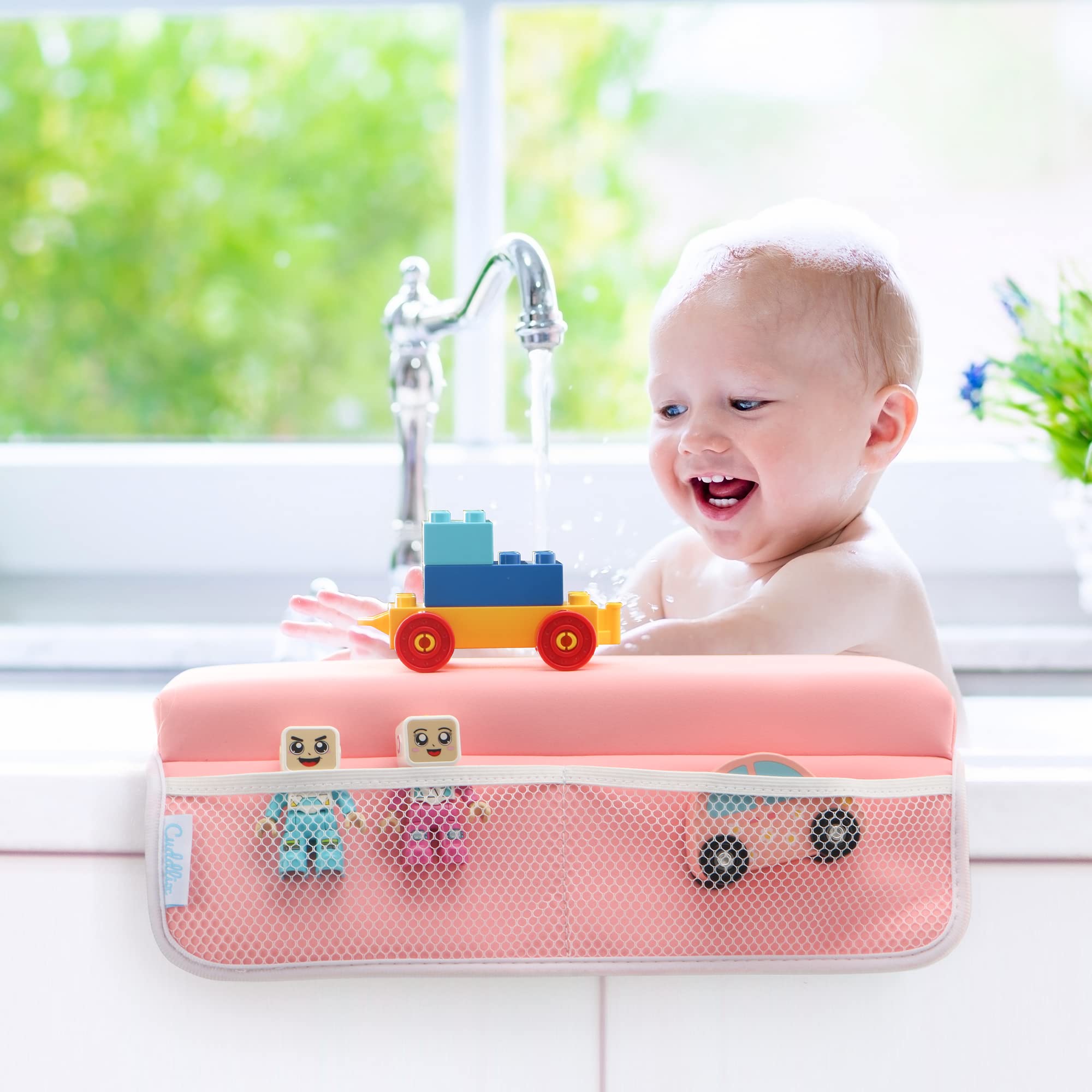 Cuddlix Baby Kneeler and Elbow Rest Pad Set for Baby Bathing Parents, Extra Thick Soft Mat with Organizer Pockets - Painless Kneeling Quick Drying Non-Slip for Newborn, Pastel Pink