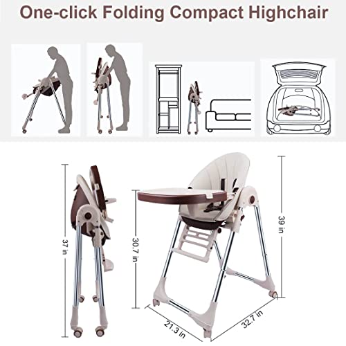 Baby High Chair for Toddlers Kids Feeding Height Convertible with Removable Tray, Multifunctional Portable Children Dining Reclining Chair Foldable with Wheels, Beige