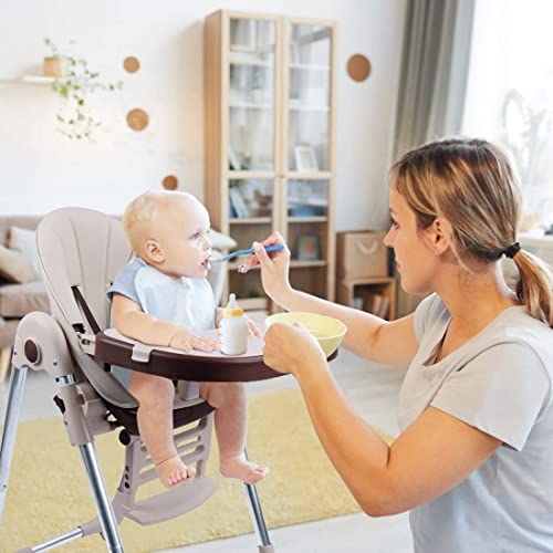Baby High Chair for Toddlers Kids Feeding Height Convertible with Removable Tray, Multifunctional Portable Children Dining Reclining Chair Foldable with Wheels, Beige