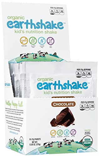 Earthshake Organic Kids Protein Nutritional Shake, Chocolate - Non GMO, Lactose Free, Soy Free, Gluten Free, Less than 1g of Sugar Per Serving, Amazing Taste | All Ages 2 & Up (Chocolate, 10 Count)