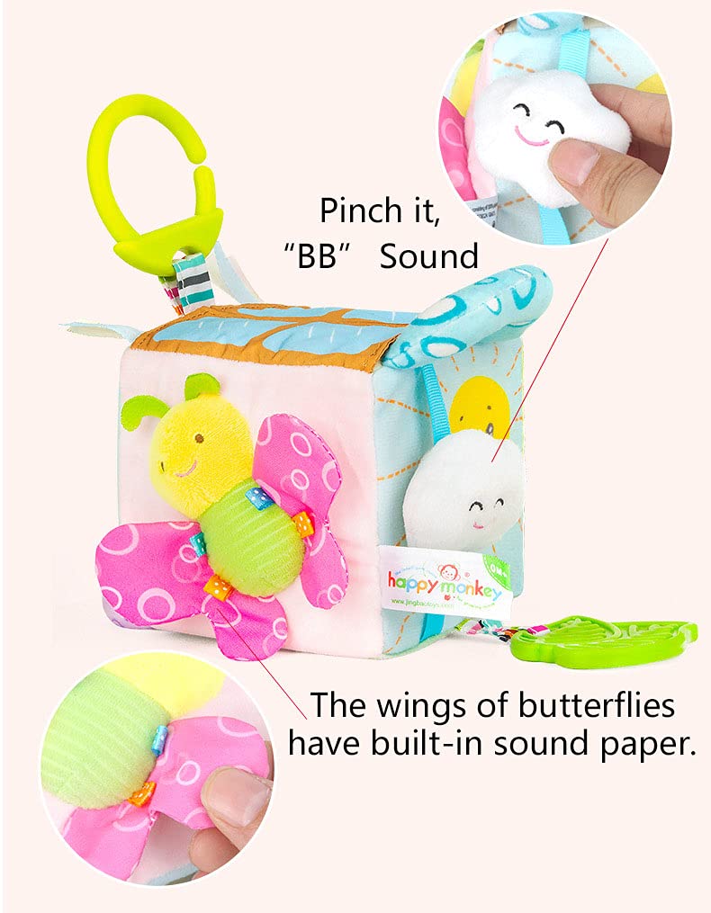 D-KINGCHY Baby CarSeat Stroller Toys, Soft Hanging Rattle Blocks, Thre-Dimensional Cloth Foam Grab Toy, Developmental Infant Toy with Sound, Teether, Mirror for 0-3 Years Old (Sky)