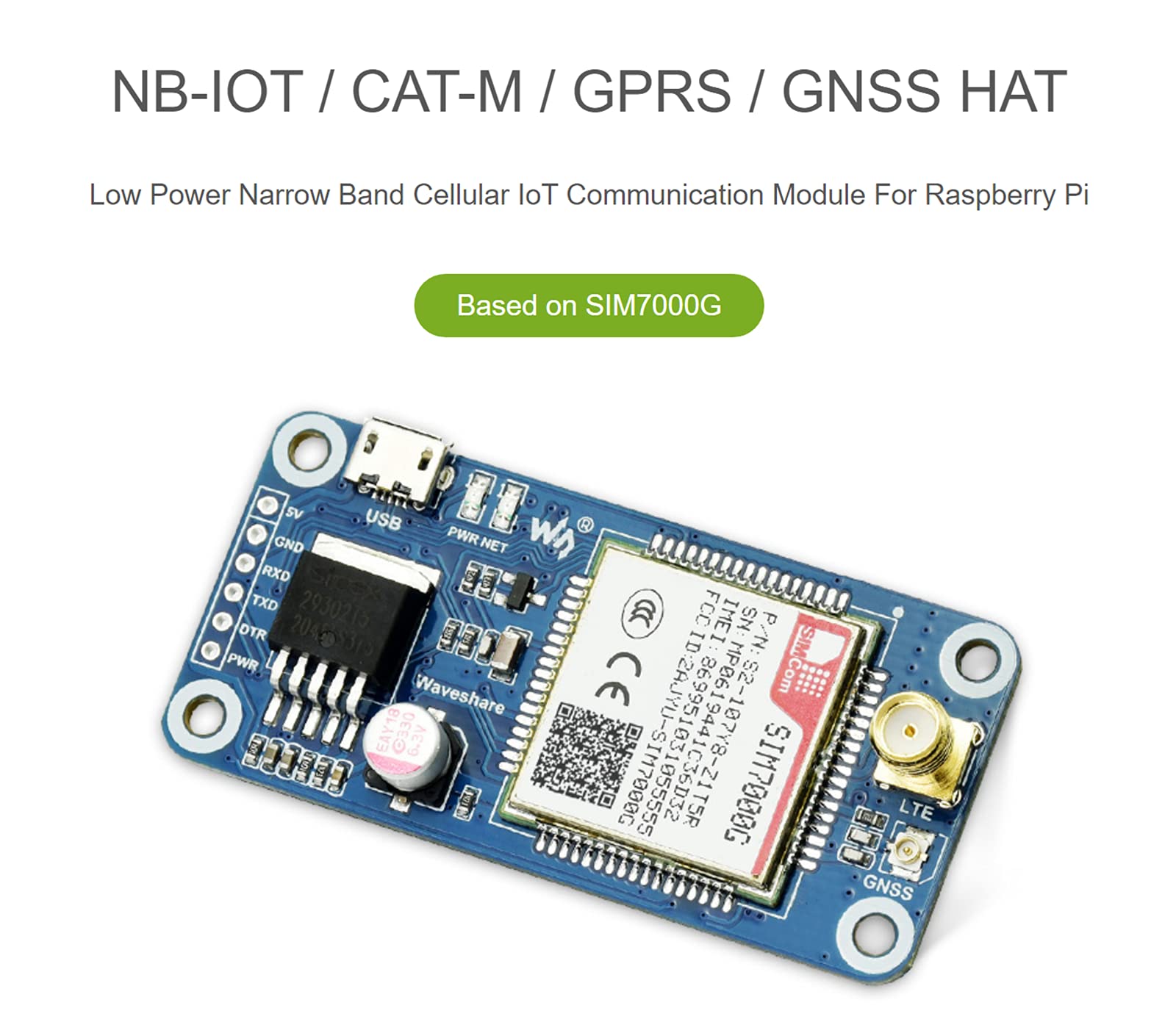 waveshare NB-IoT/Cat-M/GPRS/GNSS HAT for Raspberry Pi, Low Power Narrow Band Cellular IoT Communication Module Based on SIM7000G, Support Protocols TCP, UDP, PPP, HTTP, FTP, MQTT, SMS, Mail etc.