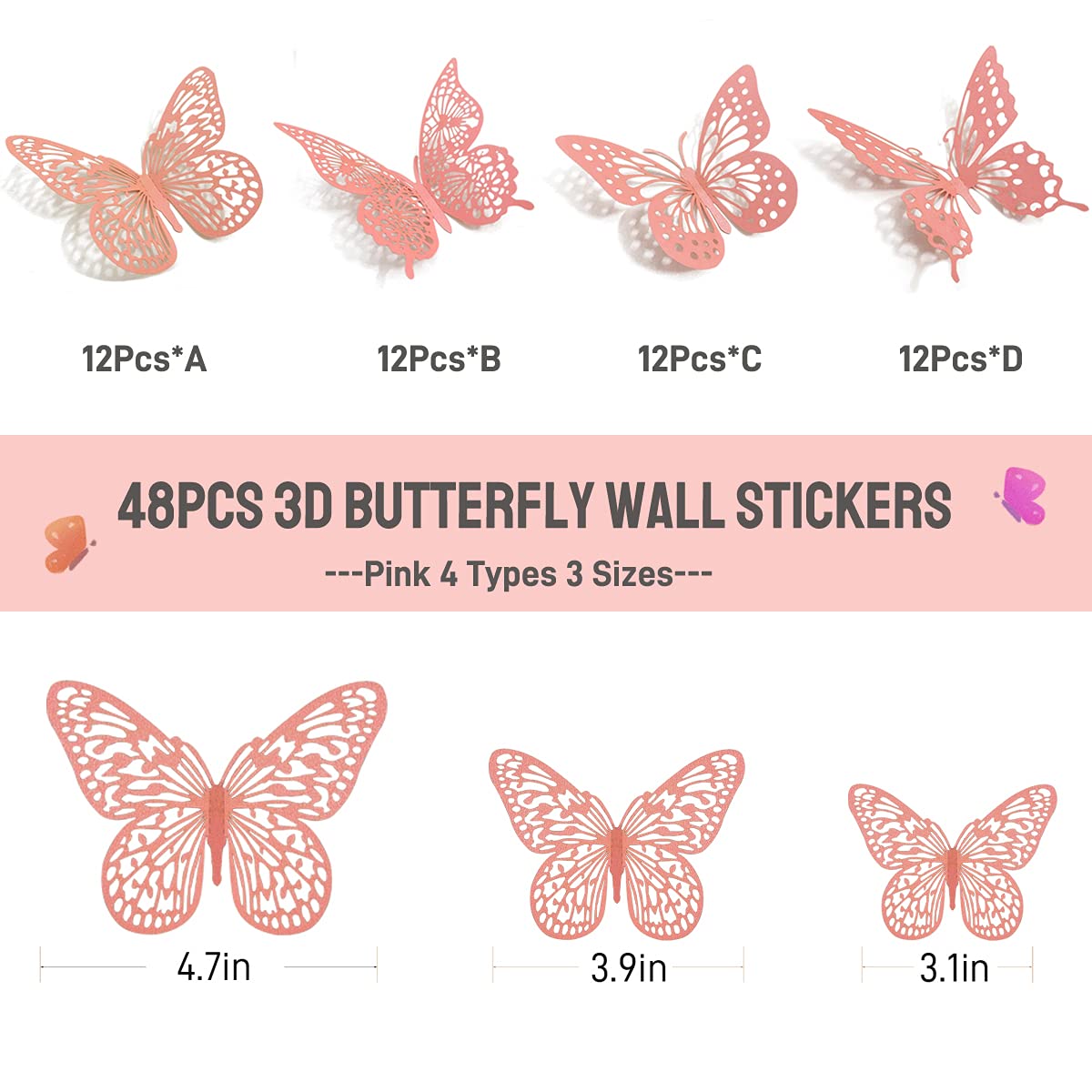 Butterfly Wall Stickers Decorations 3D Butterflies Decals for Girls Room Bedroom Nursery Decor Butterfly Birthday Party Decoration Wedding Cake Decorating 48pcs (Pink)