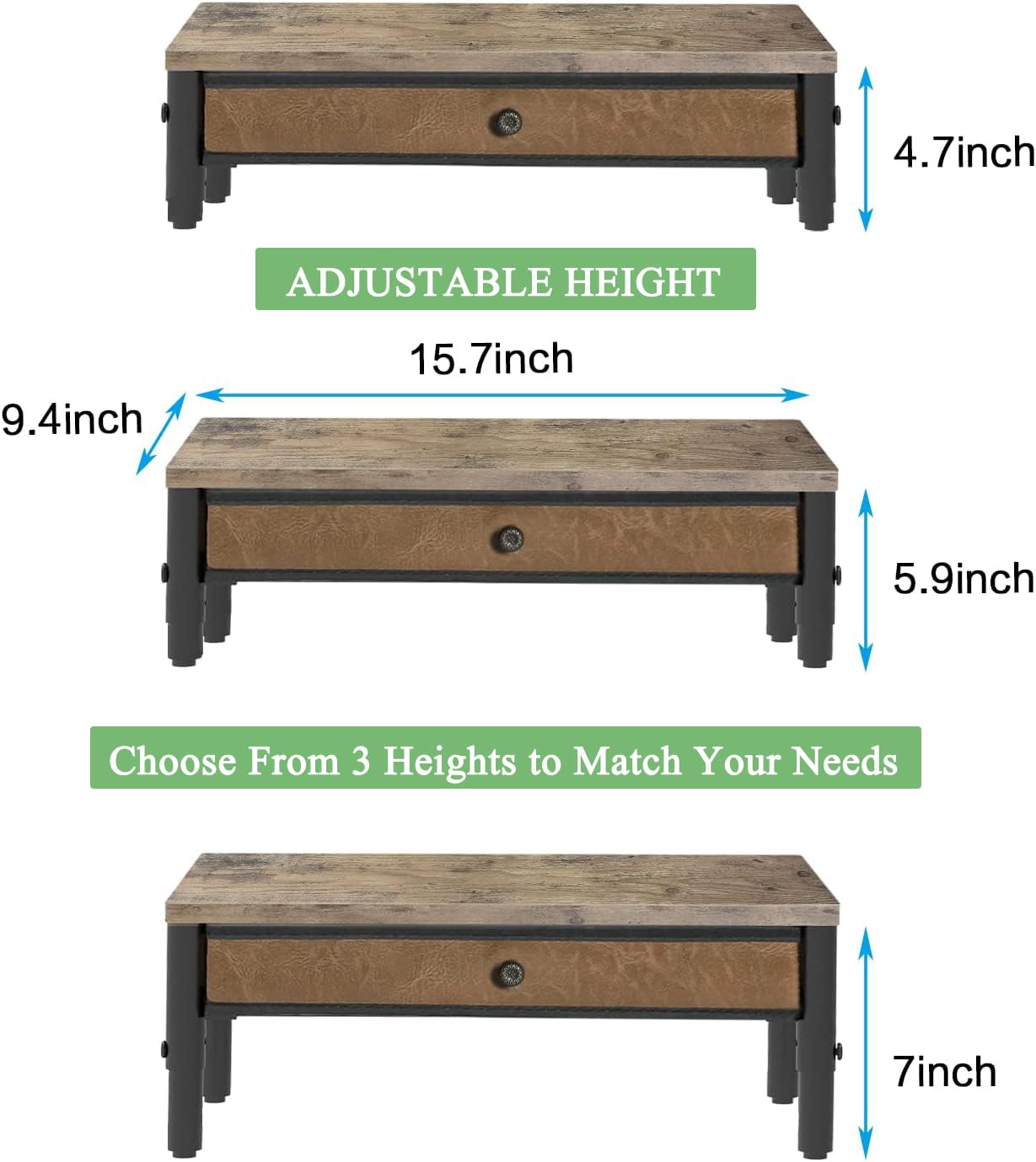LUMAMU Wood Monitor Stand Riser with Drawer, 15.7x9.4 Inch Computer Monitor Stand for Desk, 3 Height Adjustable Desktop Stand with Storage for Computer Laptop PC iMac Printer
