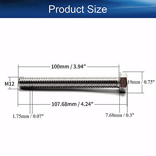 Bettomshin 5Pcs M12 x 100mm Hex Bolts, 304 Stainless Steel 1.75mm Thread Pitch Fully Threaded Metric Hex Head Screw Bolts, Hexagon Screw Bolt, Hex Tap Bolts, Silver (Overall Size 107.68x19x19mm)