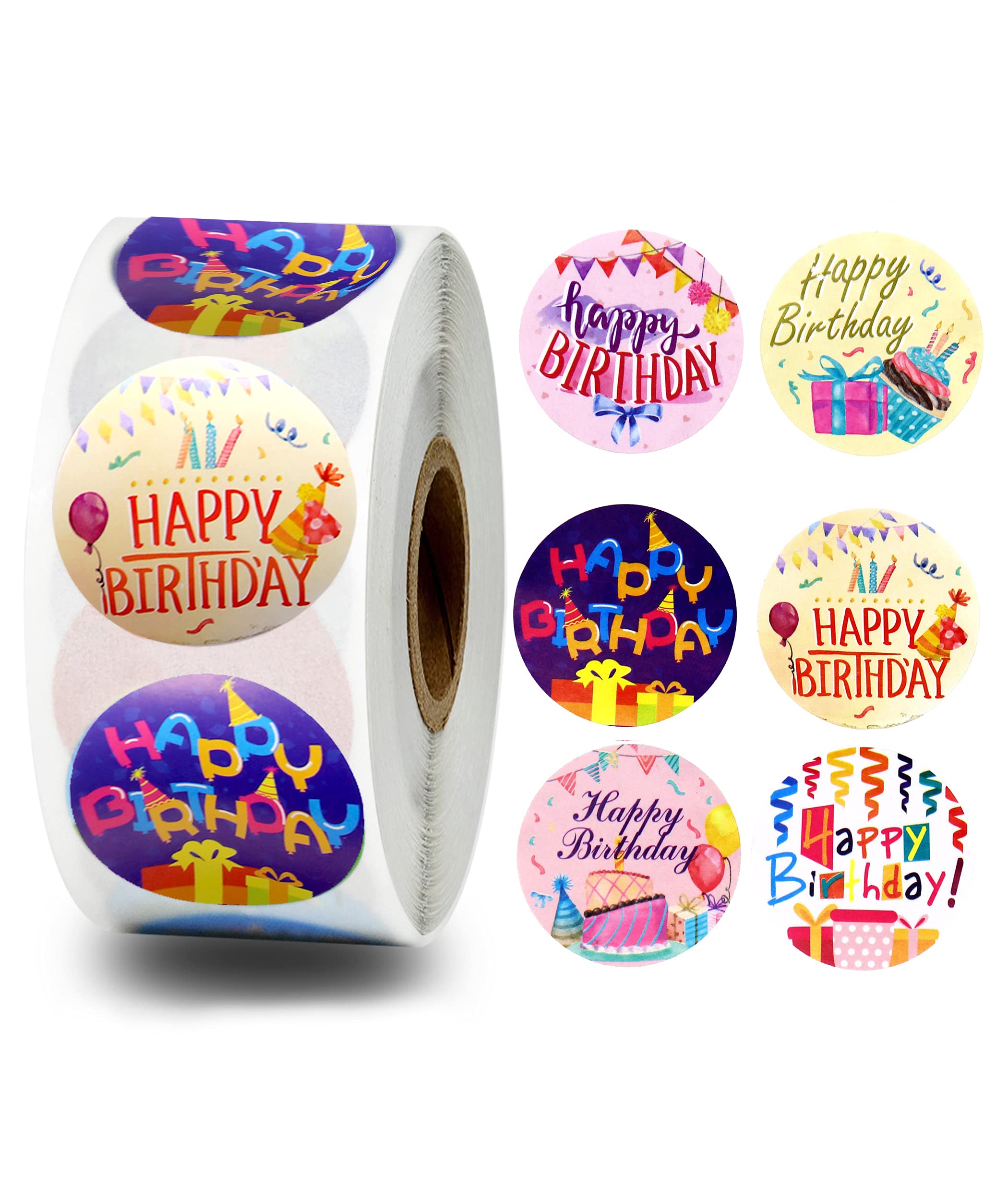 OUXWOM Happy Birthday Stickers, 500PCS & 6 Assorted Designs, Round, Multicolor, Waterproof, Indoor Use, Birthday (Cartoon) Theme, Plastic Material, Custom Style, Roll, Stickers