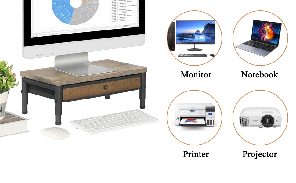 LUMAMU Wood Monitor Stand Riser with Drawer, 15.7x9.4 Inch Computer Monitor Stand for Desk, 3 Height Adjustable Desktop Stand with Storage for Computer Laptop PC iMac Printer