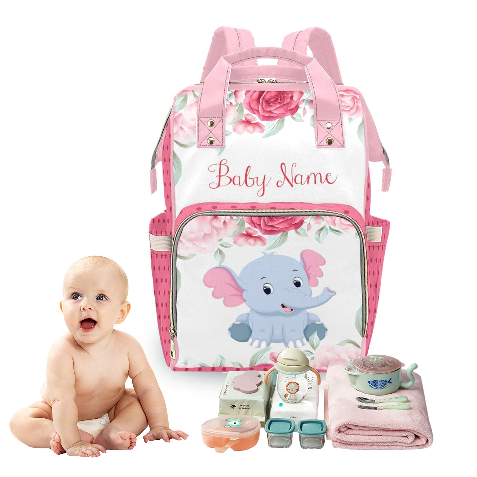 bliblisa Personalized Pink Elephant with Rose Flower Customized Diaper Bag with Name Shoulder Daypack Backpack Gift for Mom Girl