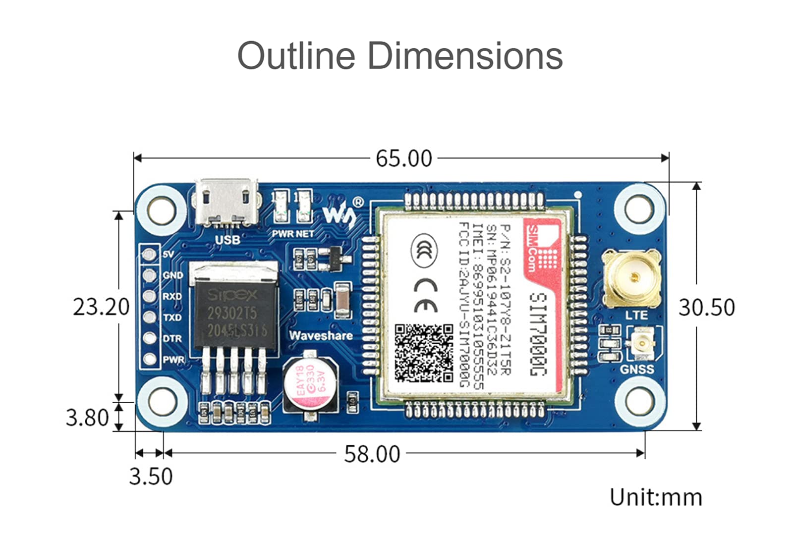 waveshare NB-IoT/Cat-M/GPRS/GNSS HAT for Raspberry Pi, Low Power Narrow Band Cellular IoT Communication Module Based on SIM7000G, Support Protocols TCP, UDP, PPP, HTTP, FTP, MQTT, SMS, Mail etc.