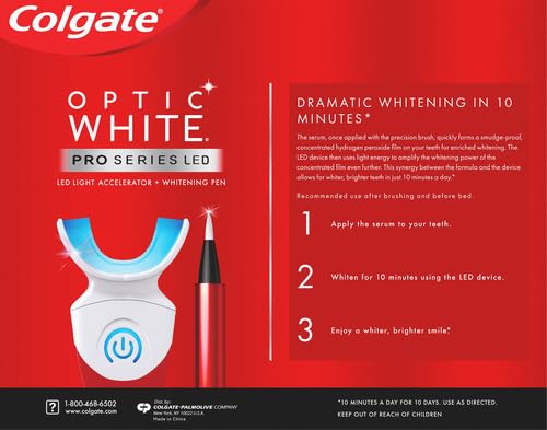 Colgate Optic White Pro Series Teeth Whitening Pen and LED Tray, Professional-Level Whitening Set, Rechargeable