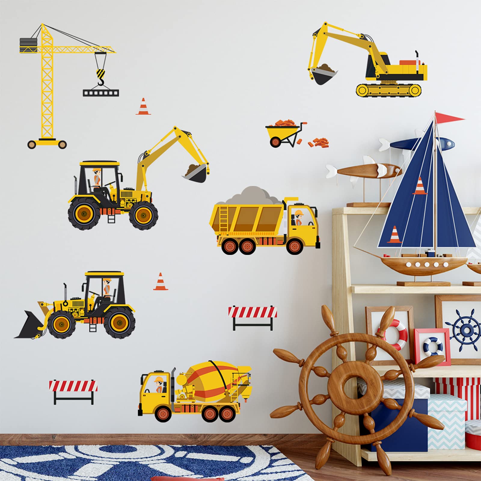 City Construction Vehicles Wall Decals, Truck Digger Excavator Cartoon Engineering Car Decorative Wall Stickers, Removable DIY Wallpaper for Kids Boys Bedroom, Playroom, Living Room Décor