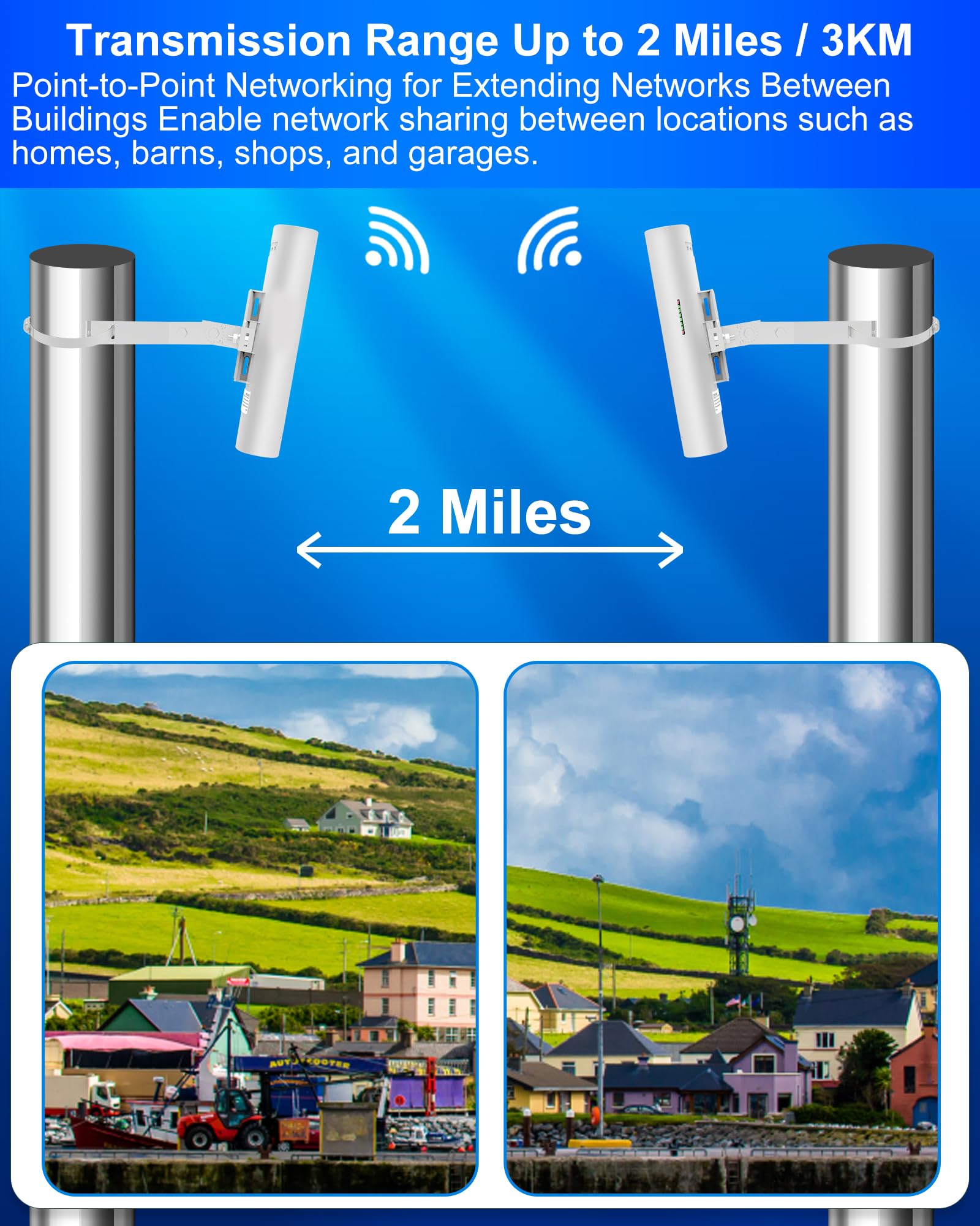 5.8G Wireless Bridge with Pole/Wall Mount Bracket - Extend Starlink Internet Access Outdoor, 2 Miles Point to Point WiFi Bridges with PoE Adapter, 2-Pack