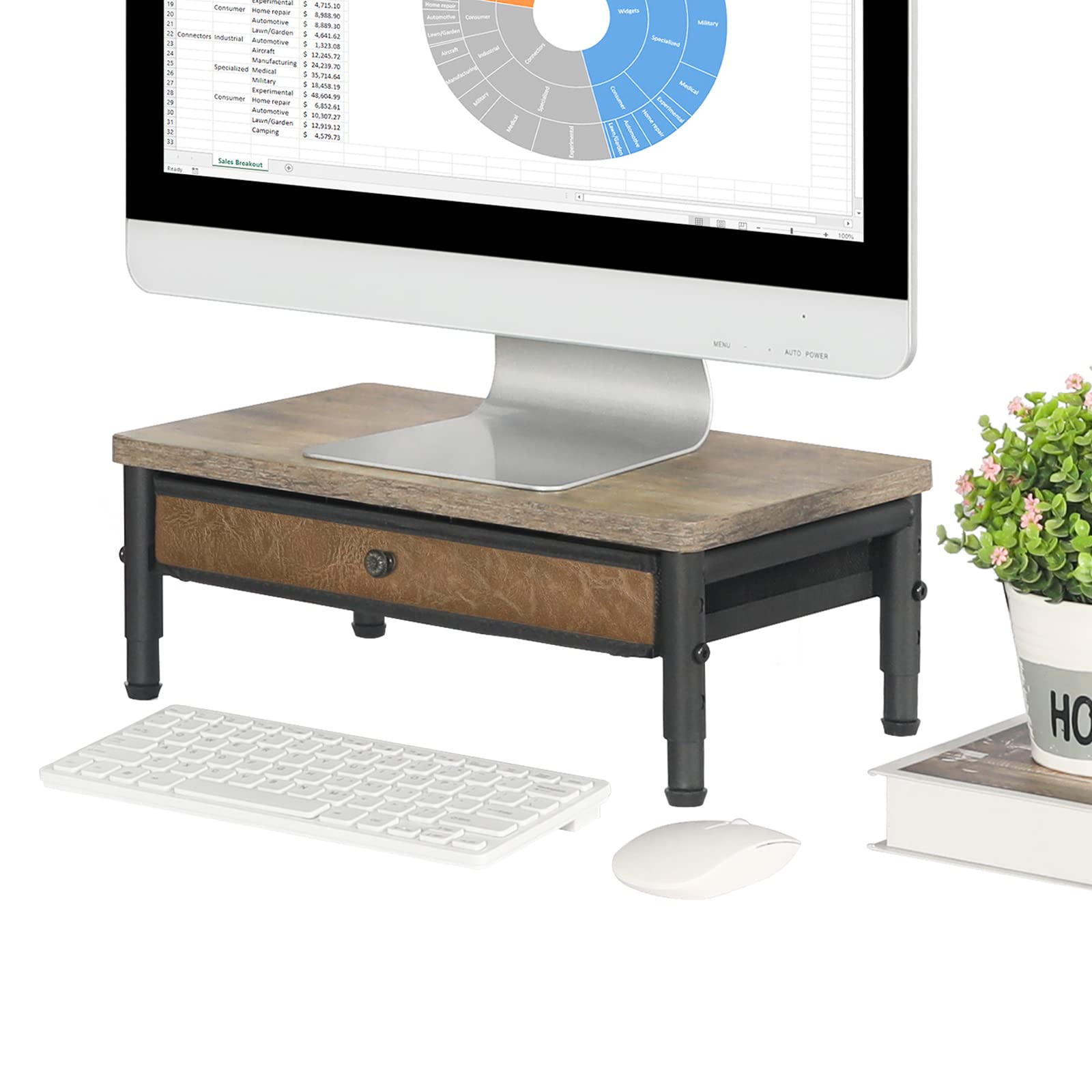 LUMAMU Wood Monitor Stand Riser with Drawer, 15.7x9.4 Inch Computer Monitor Stand for Desk, 3 Height Adjustable Desktop Stand with Storage for Computer Laptop PC iMac Printer