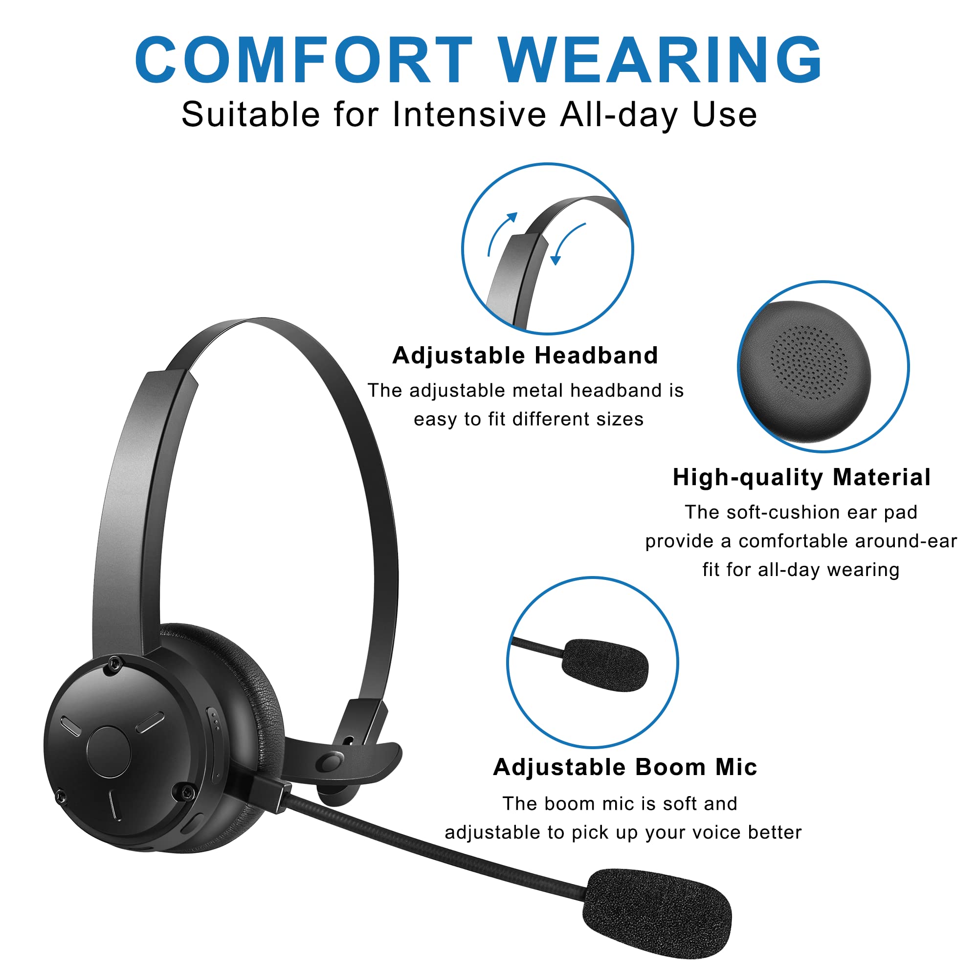 DECHOYECHO Bluetooth Headset, Trucker Bluetooth Headset with Microphone Noise Canceling Wireless On Ear Headphone with Charging Base for Cell Phone/Tablet/Computer Home Office Call Center