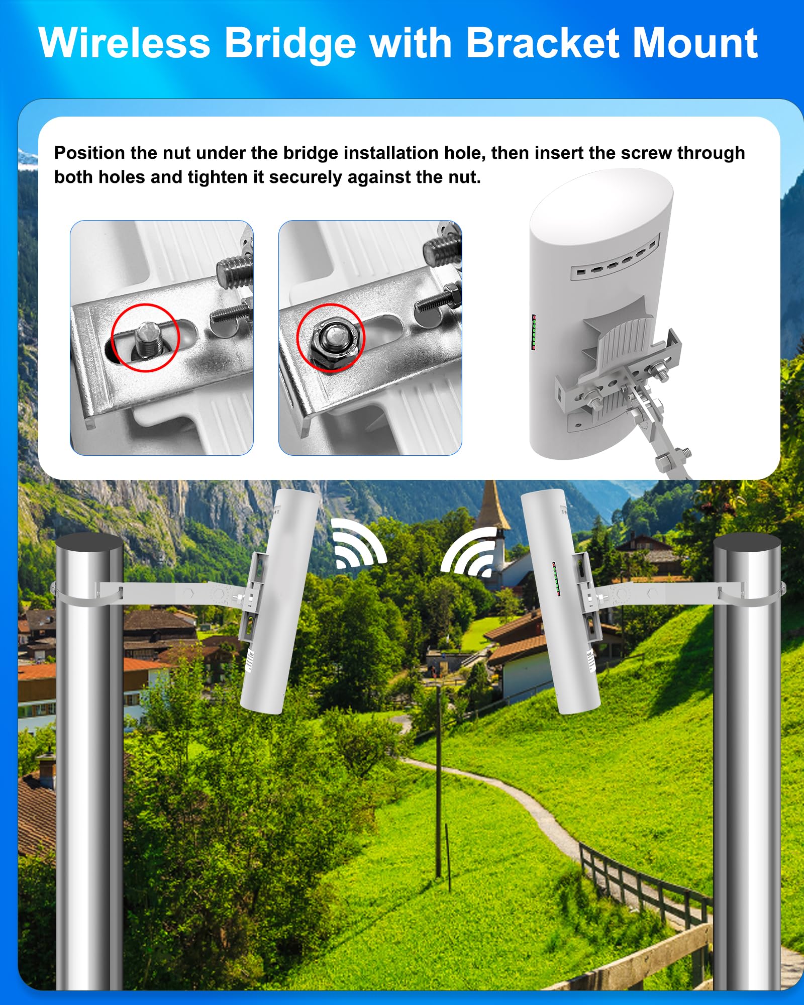 5.8G Wireless Bridge with Pole/Wall Mount Bracket - Extend Starlink Internet Access Outdoor, 2 Miles Point to Point WiFi Bridges with PoE Adapter, 2-Pack