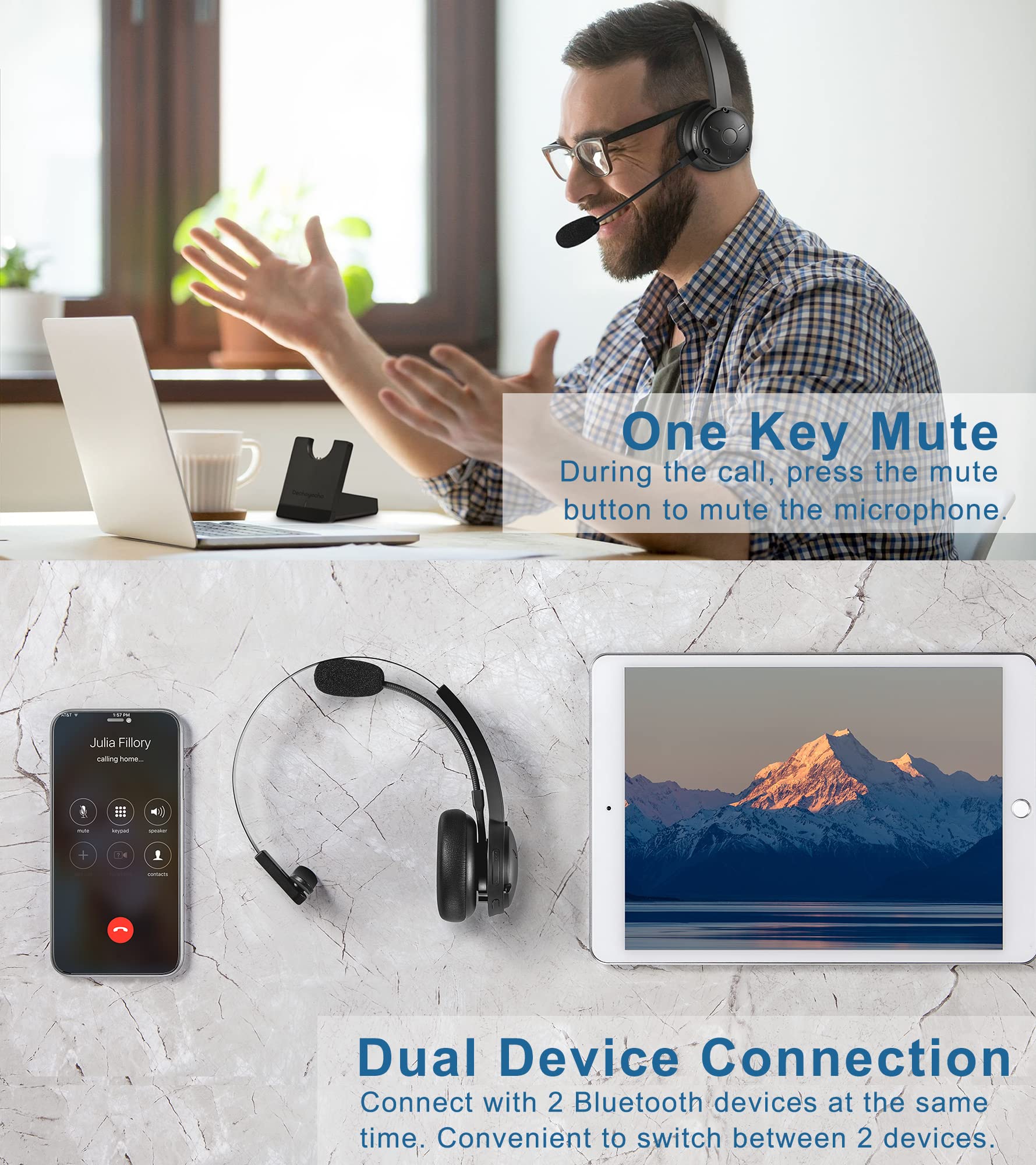 DECHOYECHO Bluetooth Headset, Trucker Bluetooth Headset with Microphone Noise Canceling Wireless On Ear Headphone with Charging Base for Cell Phone/Tablet/Computer Home Office Call Center