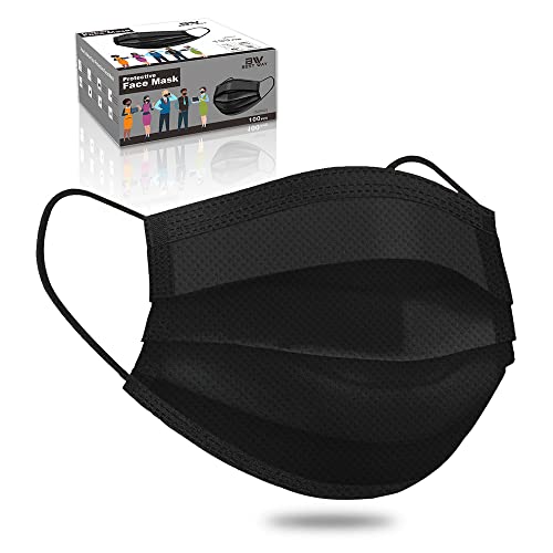 BW BEST WAY 3 Ply 100 Pack Disposable Face Masks Black, Water Electret Meltblown Cloth SSS Skin-friendly SMS Layer Breathable Comfortable Mask for Men Women Adults