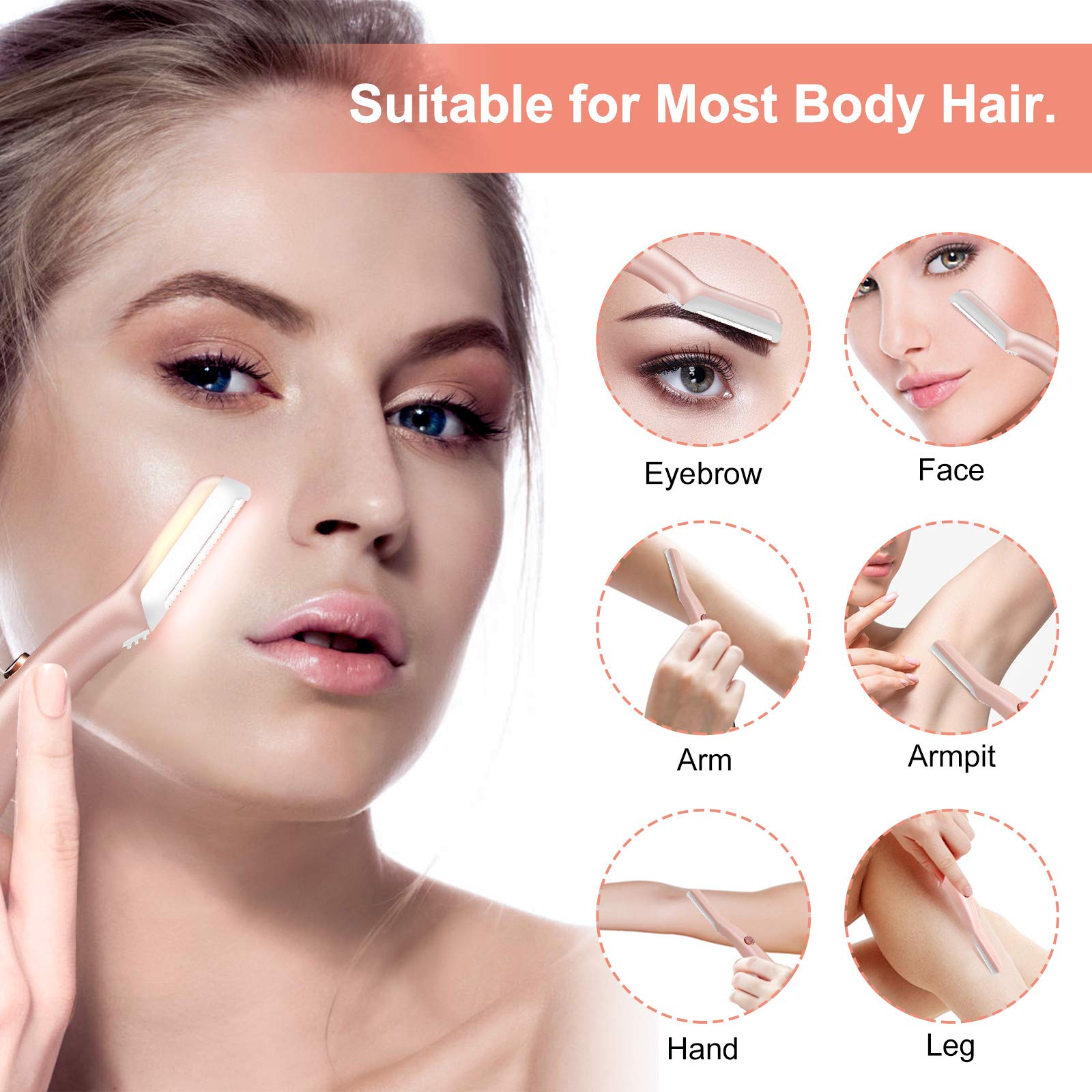Mefor Eyebrow Razor,Eyebrow Trimmer Dermaplane Razor for Women Face,Practical Women Face Shaver Facial Razor with LED Light, 6 Replacement Heads & Pre