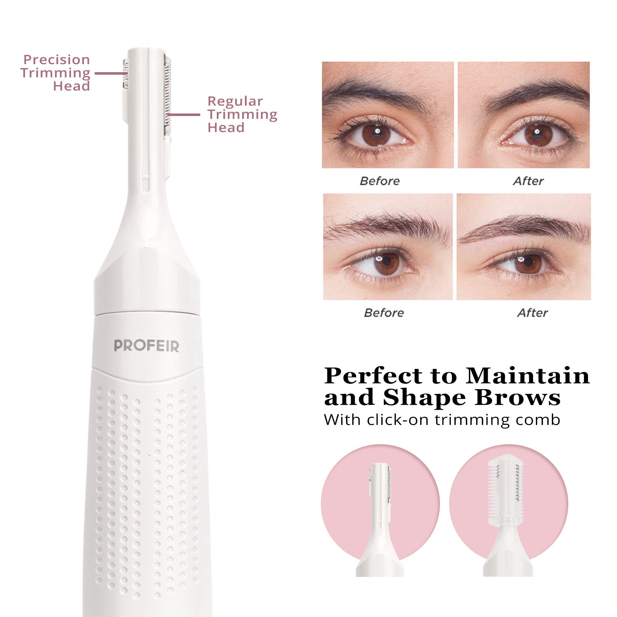 Profeir Women's 2-in-1 Eyebrow Trimmer and Hair Remover, USB Rechargeable, Stainless Steel, Includes 2 Interchangeable Heads, Perfect for Travel and Home Use