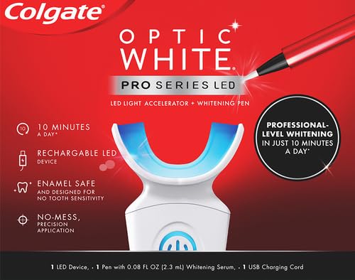 Colgate Optic White Pro Series Teeth Whitening Pen and LED Tray, Professional-Level Whitening Set, Rechargeable