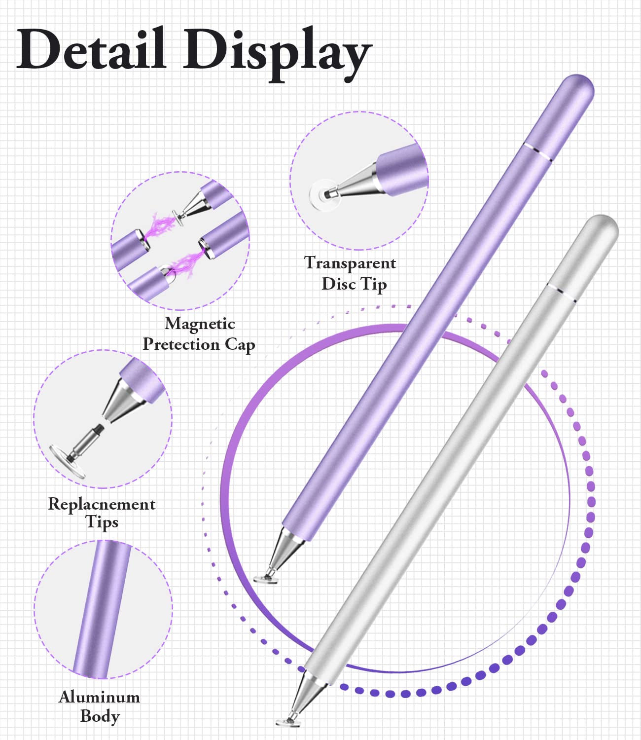 Stylus Pen for iPad, LUNTAK Stylus Pens for Apple/iPhone/Ipad pro/Mini/Air/Android/Microsoft/Surface All Capacitive Touch Screens Universal with 4 Replacement Tips (2 Pcs, Purple and Silver)