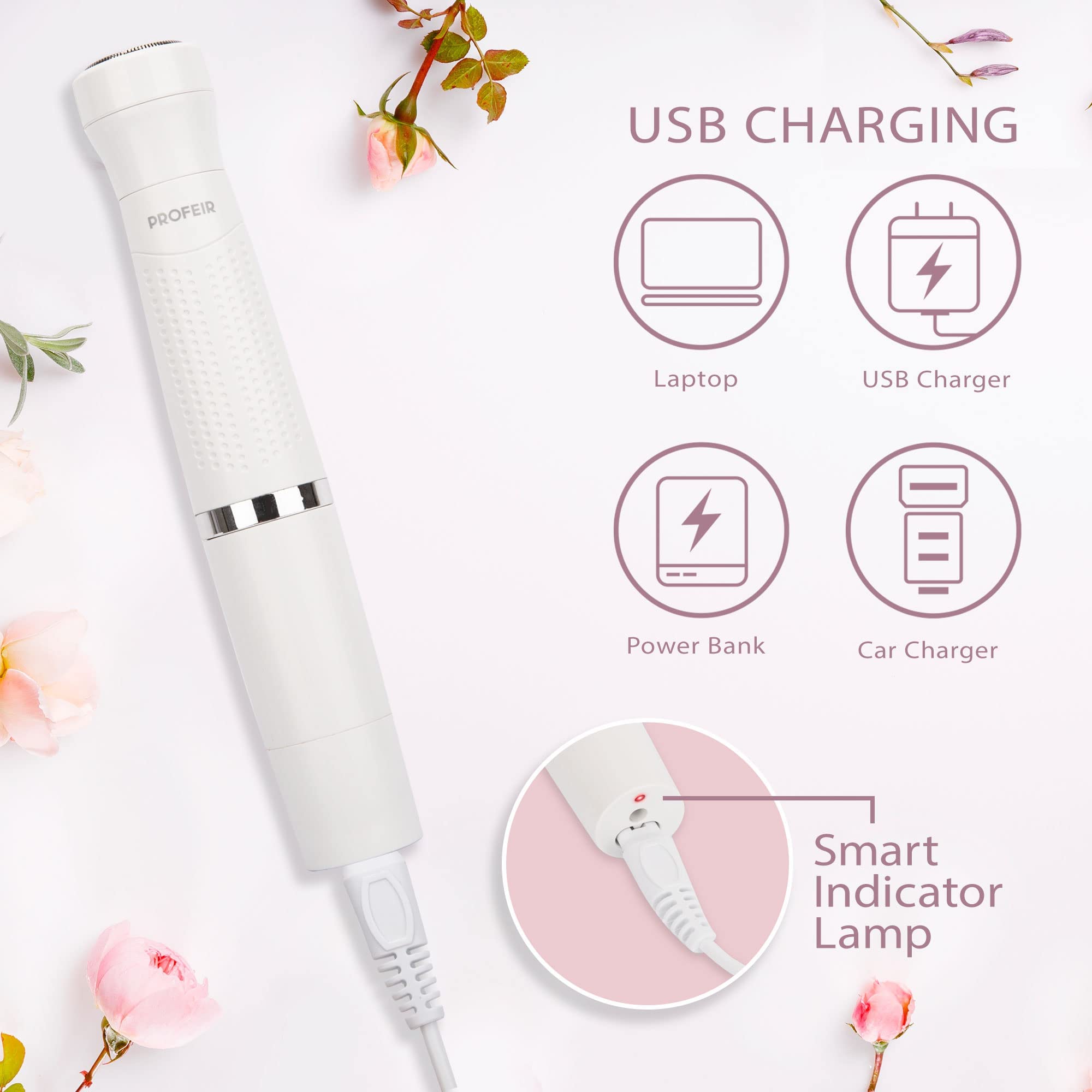 Profeir Women's 2-in-1 Eyebrow Trimmer and Hair Remover, USB Rechargeable, Stainless Steel, Includes 2 Interchangeable Heads, Perfect for Travel and Home Use