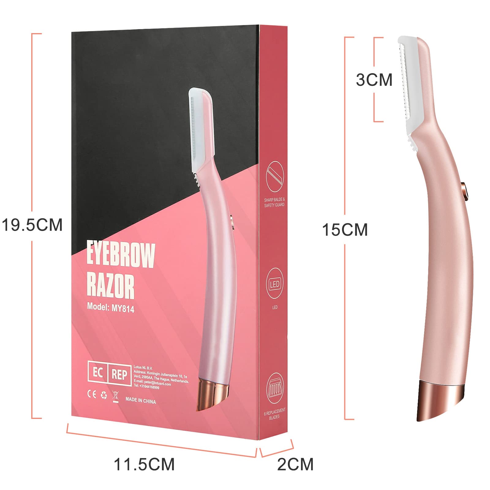 Mefor Eyebrow Razor,Eyebrow Trimmer Dermaplane Razor for Women Face,Practical Women Face Shaver Facial Razor with LED Light, 6 Replacement Heads & Pre