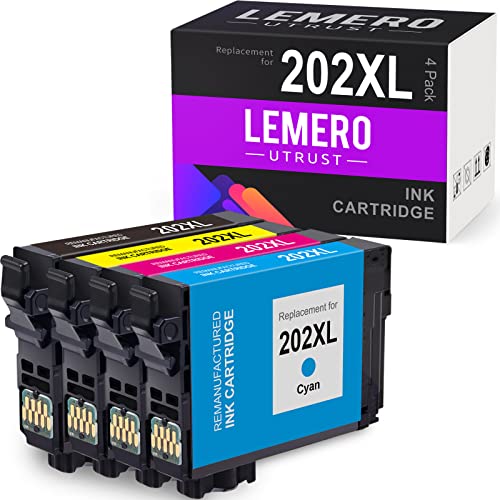 LemeroUtrust Remanufactured Ink Cartridges Replacement for Epson 202XL 202 T202XL T202 use with Epson Workforce WF-2860 Expression Home XP-5100 (Black, Cyan, Magenta, Yellow, 4-Pack)