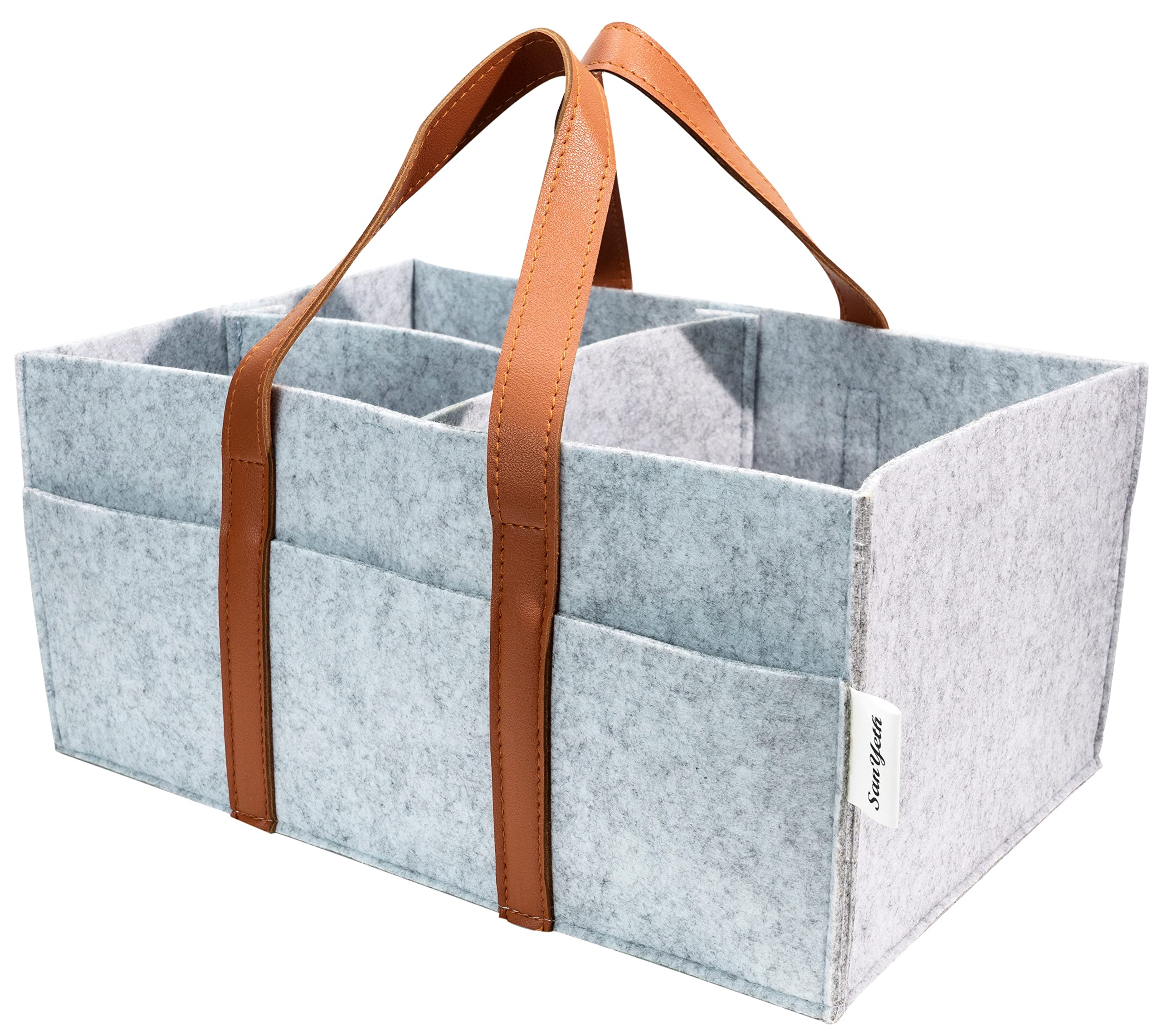 SanYeth Minimalist Grey Felt Diaper Caddy - Organizer Basket for Car, Nursery & Travel - 3 Compartment, Portable, Neutral Gift for Baby Boy or Girl