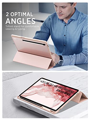 MoKo Case Fits Samsung Galaxy Tab S8 + 12.4 2022 (SM-X800/X806) / Tab S7 FE 12.4-Inch 2021 / Tab S7 Plus 12.4 2020 with S-Pen Holder, Transparent Back Tablet Cover with Auto-Wake, Rose Gold