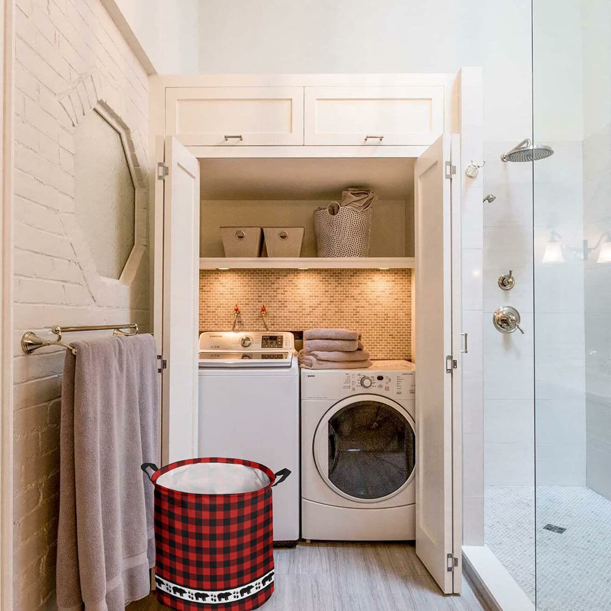 Forest Animals Large Laundry Hamper Collapsible with Handles, Waterproof Dirty Clothes Hamper Baby Nursery for Kids Room Dorm Storage, Bear Footprints with Red and Black Grid