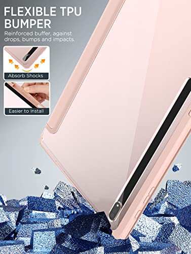 MoKo Case Fits Samsung Galaxy Tab S8 + 12.4 2022 (SM-X800/X806) / Tab S7 FE 12.4-Inch 2021 / Tab S7 Plus 12.4 2020 with S-Pen Holder, Transparent Back Tablet Cover with Auto-Wake, Rose Gold