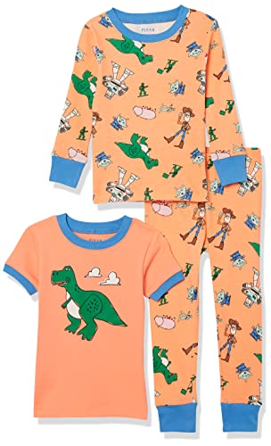 Amazon Essentials Disney | Marvel | Star Wars Toddler Boys' Snug-Fit Cotton Pajama Sleepwear Sets, Pack of 3, 3-piece Toy Story Rex Set, 3T
