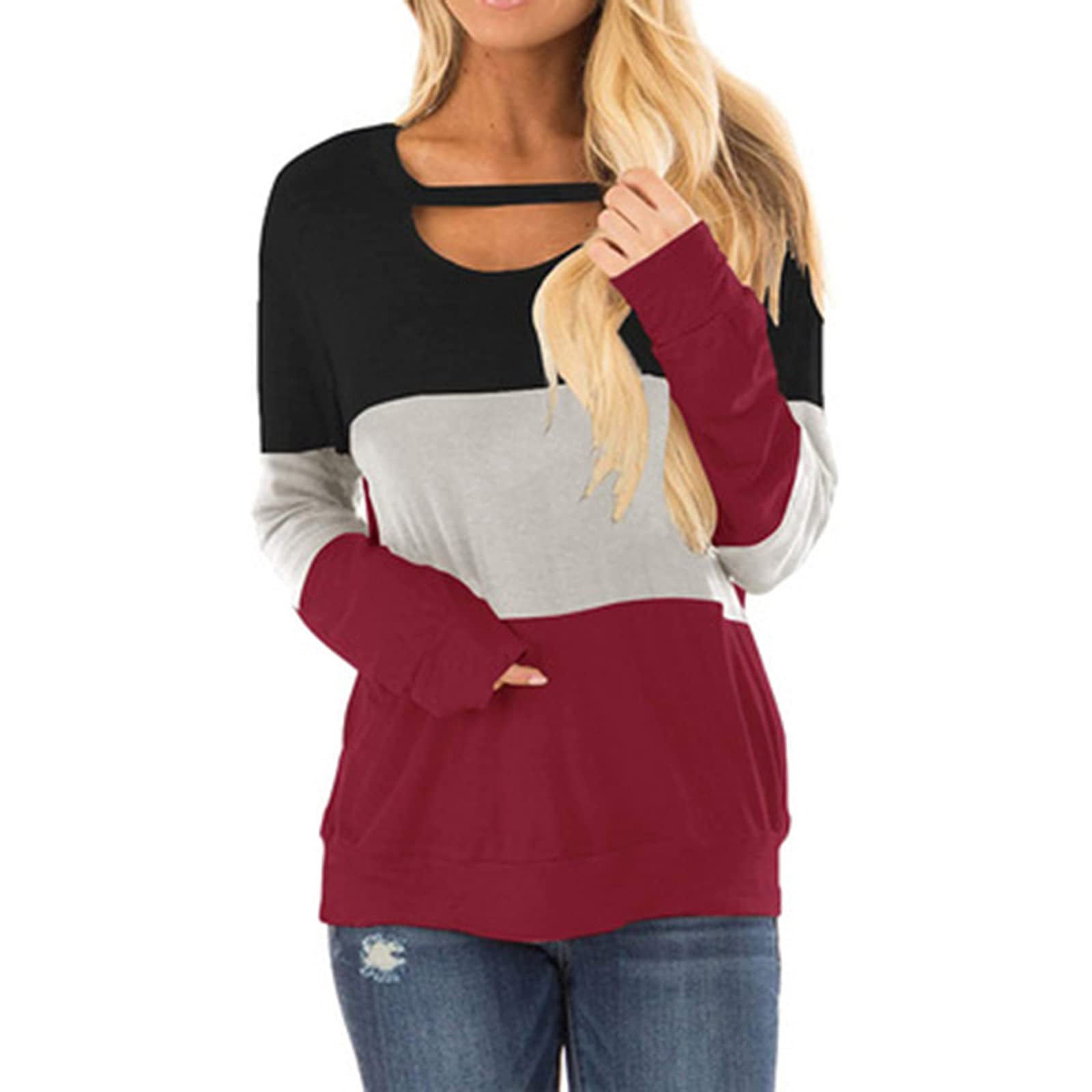 Spring and Autumn Women's Long Sleeve Color Block Stripes Contrast Color Stitching Hollow Loose T-Shirt Jacket Pullover