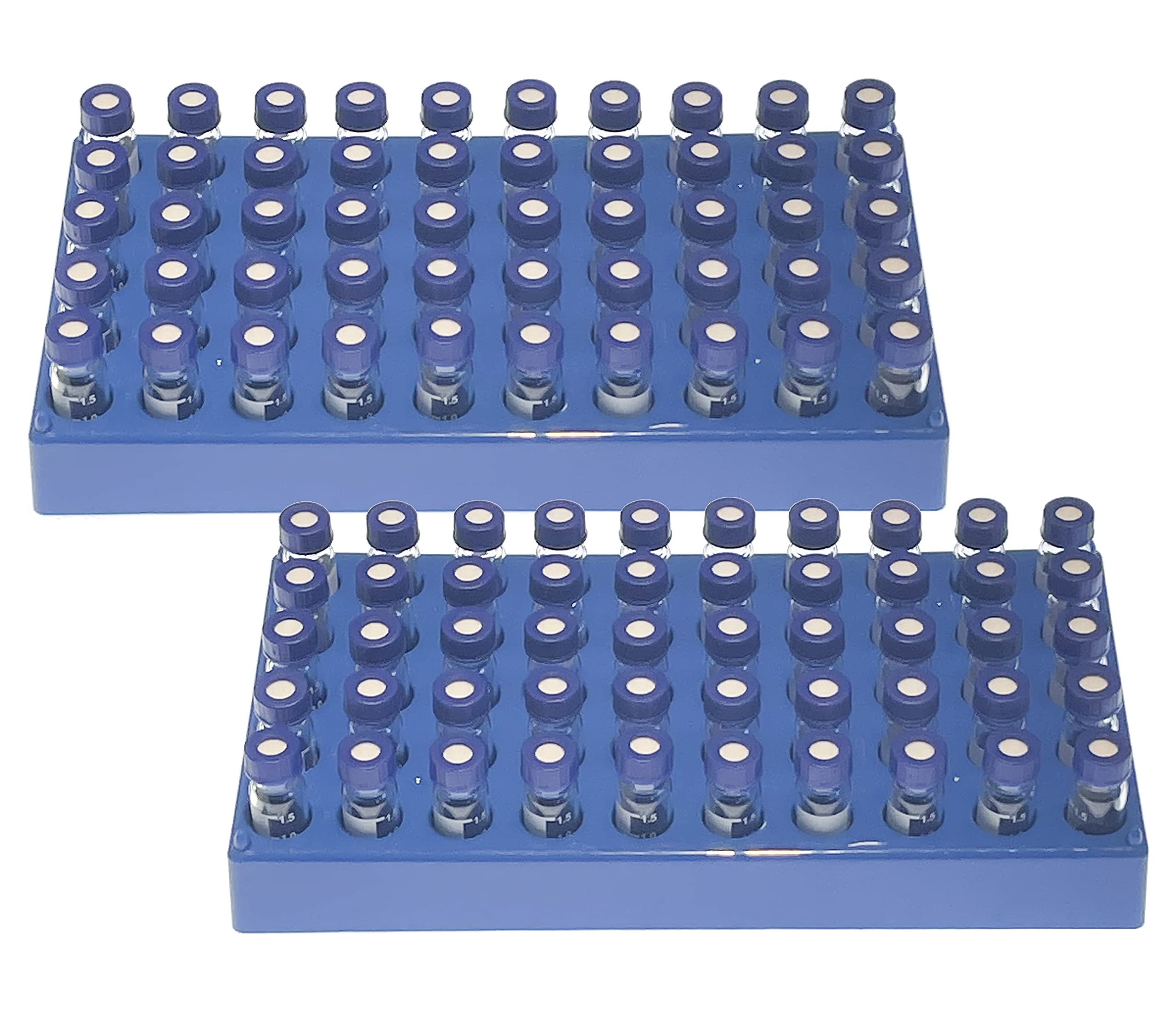 MUHWA 100pcs HPLC Vials with 2 Racks, 2ml Lab Autosampler Vials with Rack, Vials with Writing Area and Graduations, Screw Cap, White PTFE and Red Silicone Septa (Clear)